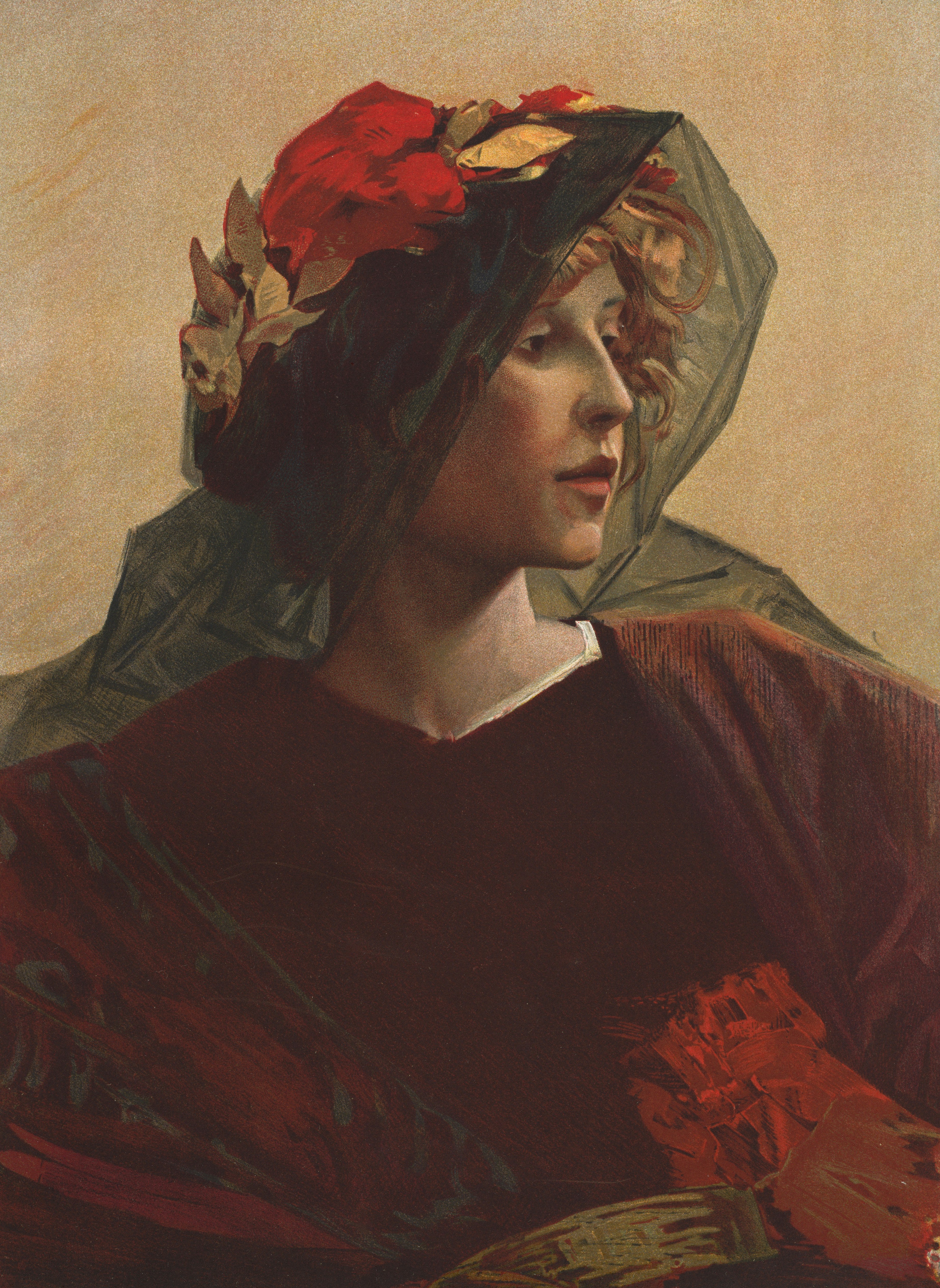 A woman adorned with a floral headdress and elegant attire gazes thoughtfully to the side, embodying grace and sophistication.
