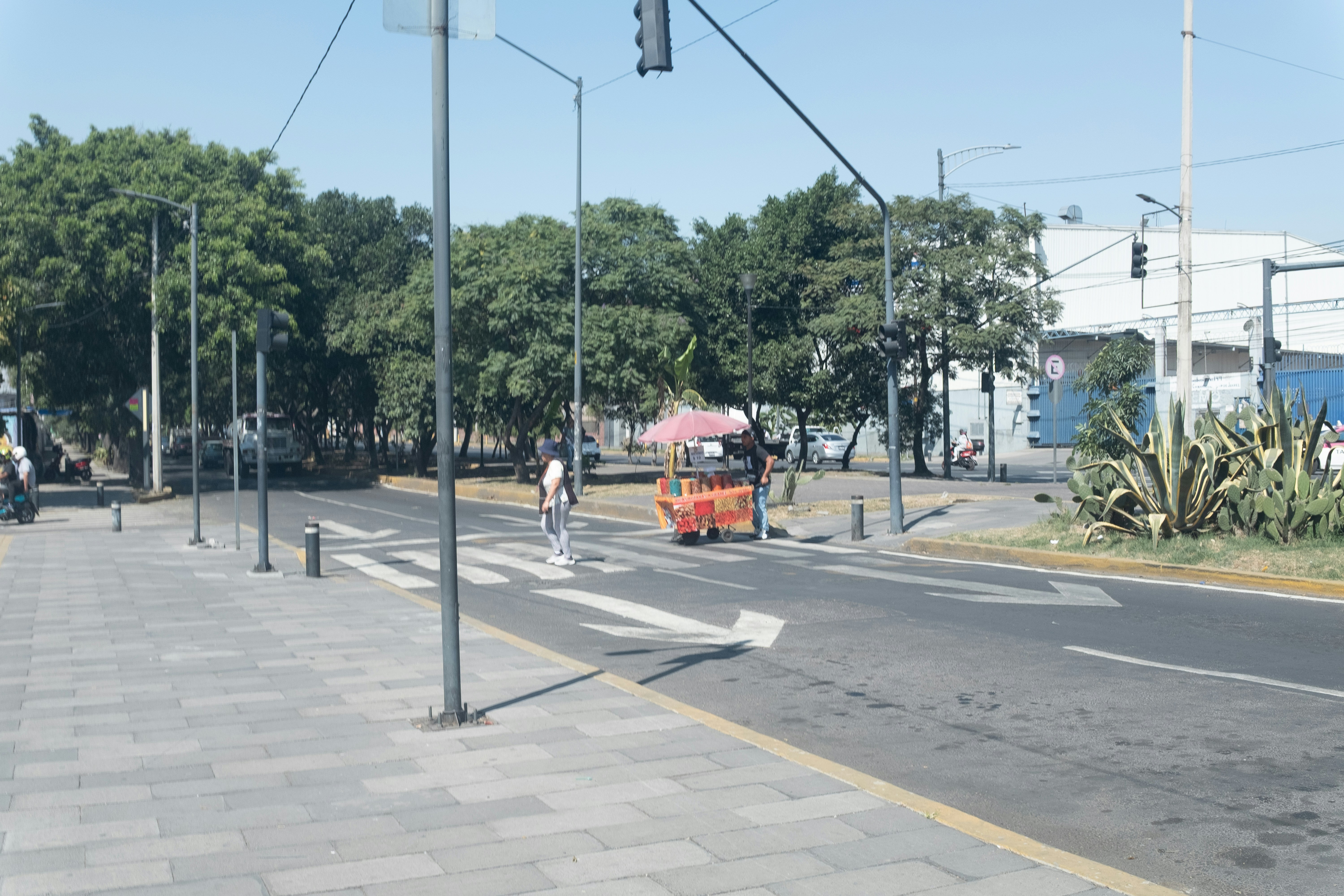 A vibrant street scene featuring a colorful food cart amidst pedestrians and lush greenery. The urban setting captures the essence of local culture.
