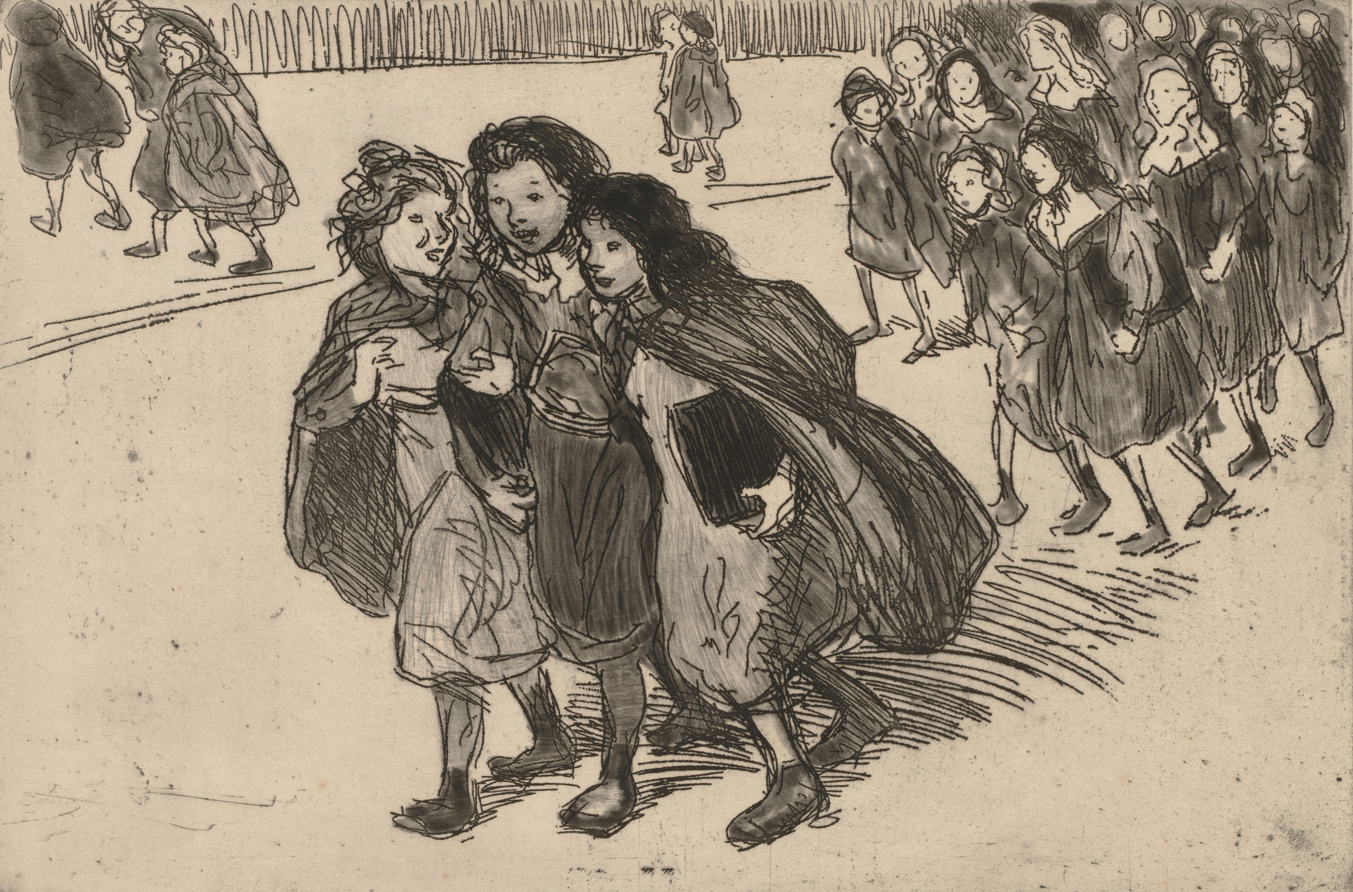 Three children in capes walking together, with a group of girls in the background, showcasing a lively scene of camaraderie. The artwork captures the essence of childhood friendship.