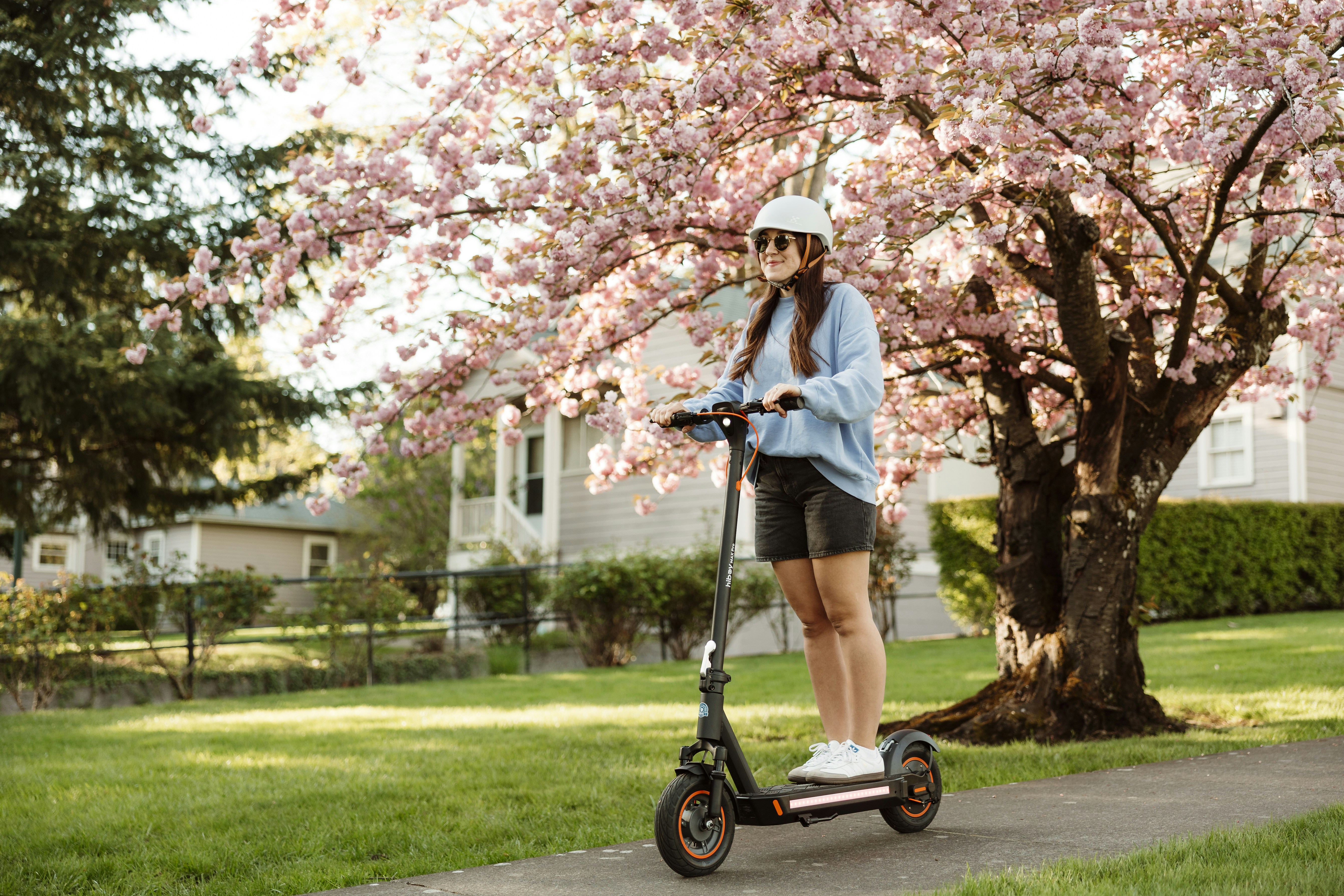 Petals in Motion: Rider on an Electric Scooter Under a Cherry Blossom Canopy