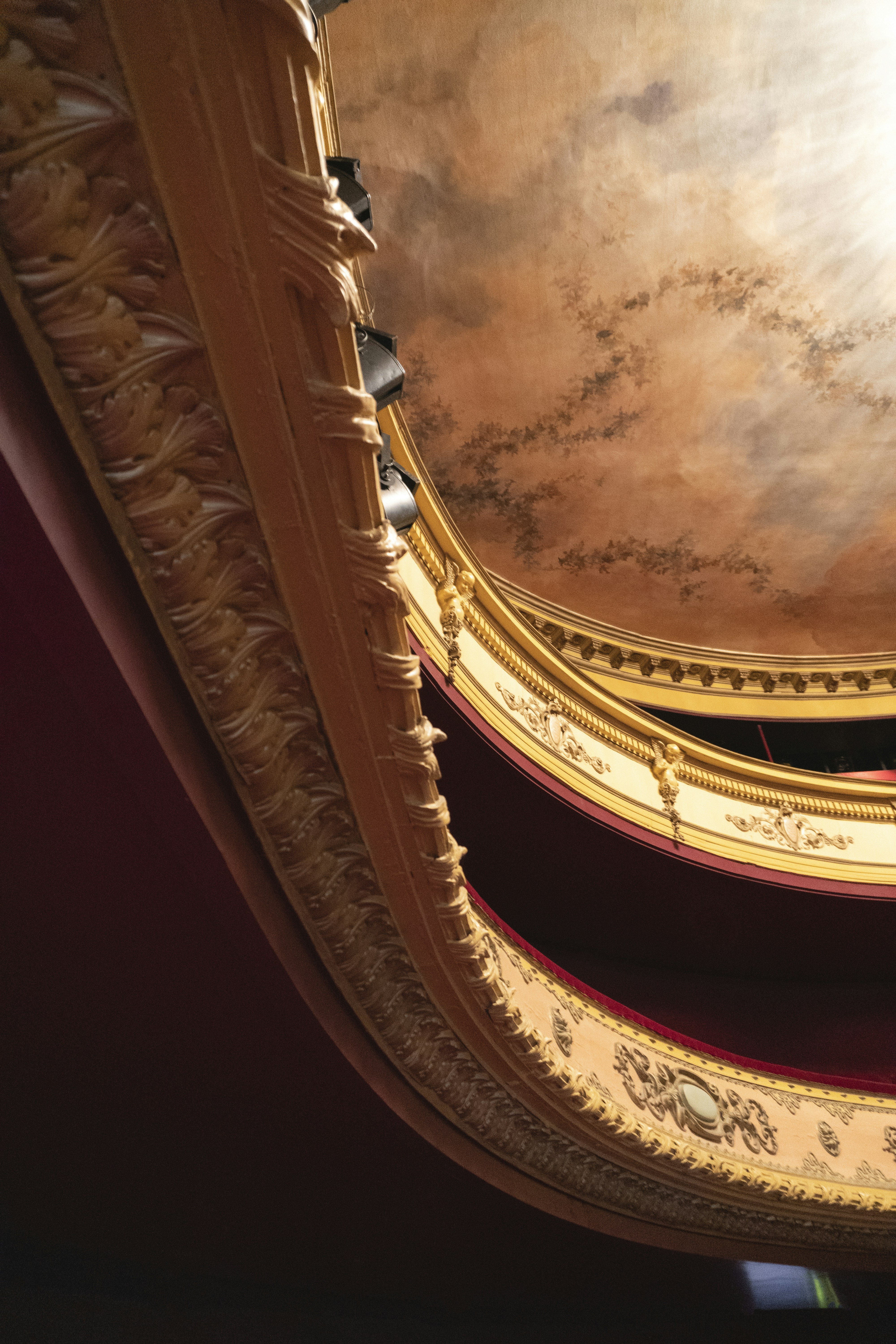 Intricate ceiling details of a historic theater showcasing ornate gold moldings and a painted sky. The architectural beauty invites viewers to appreciate the artistry.