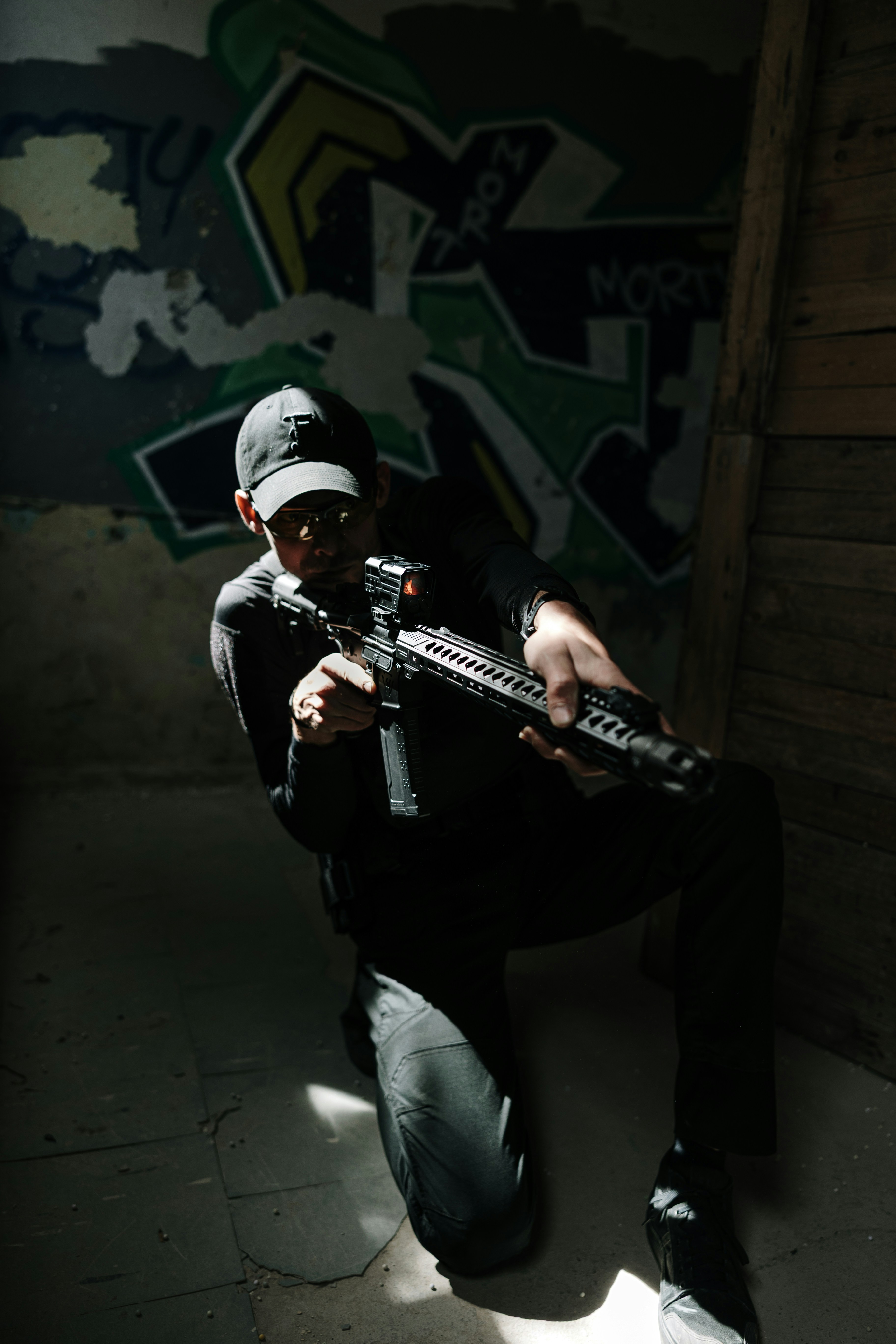 Graffiti Gloom: A Silent Rifle in the Night Alley