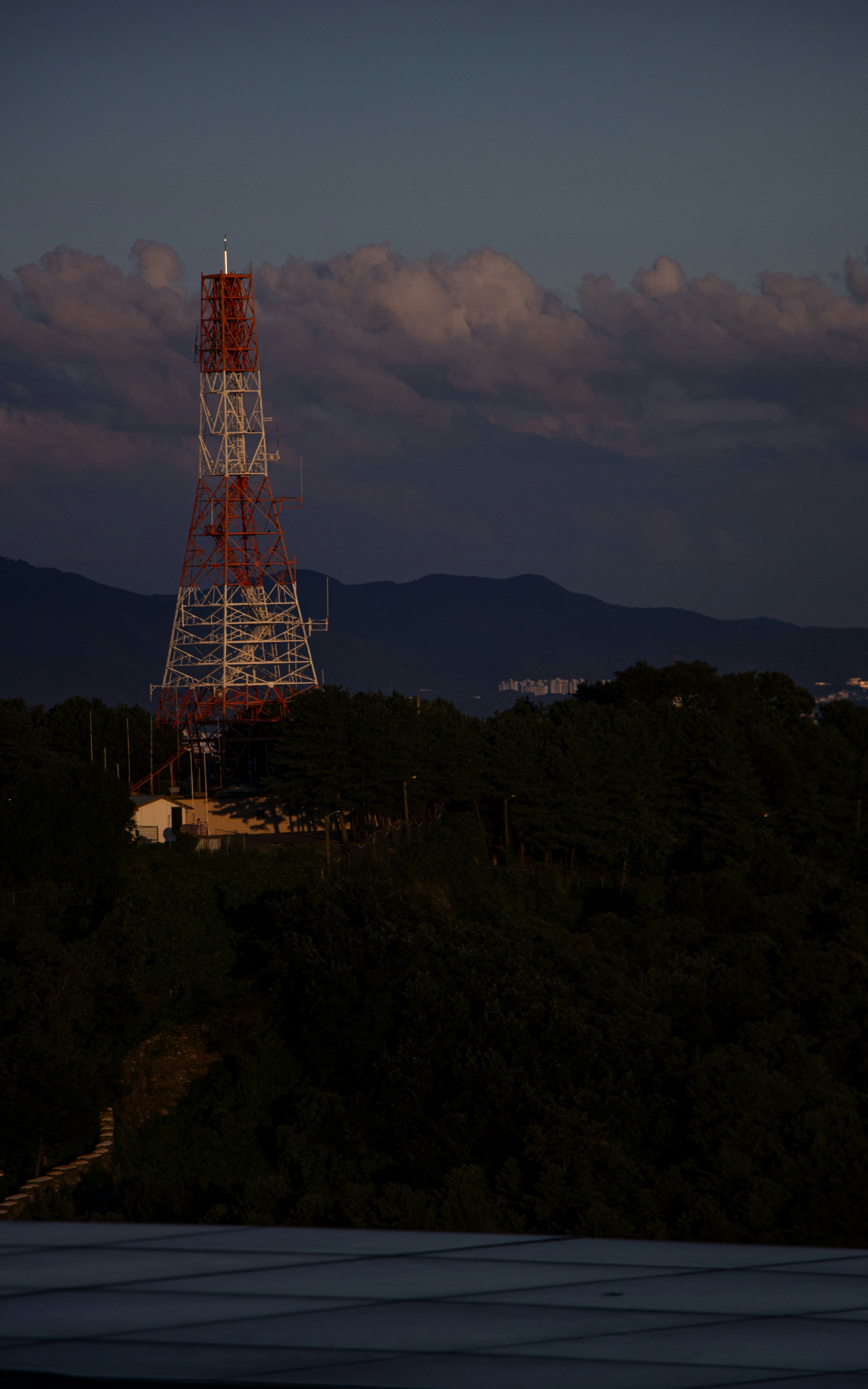 Dusk Tower on the Ridge: A Red-and-White Lattice Against the Pines
