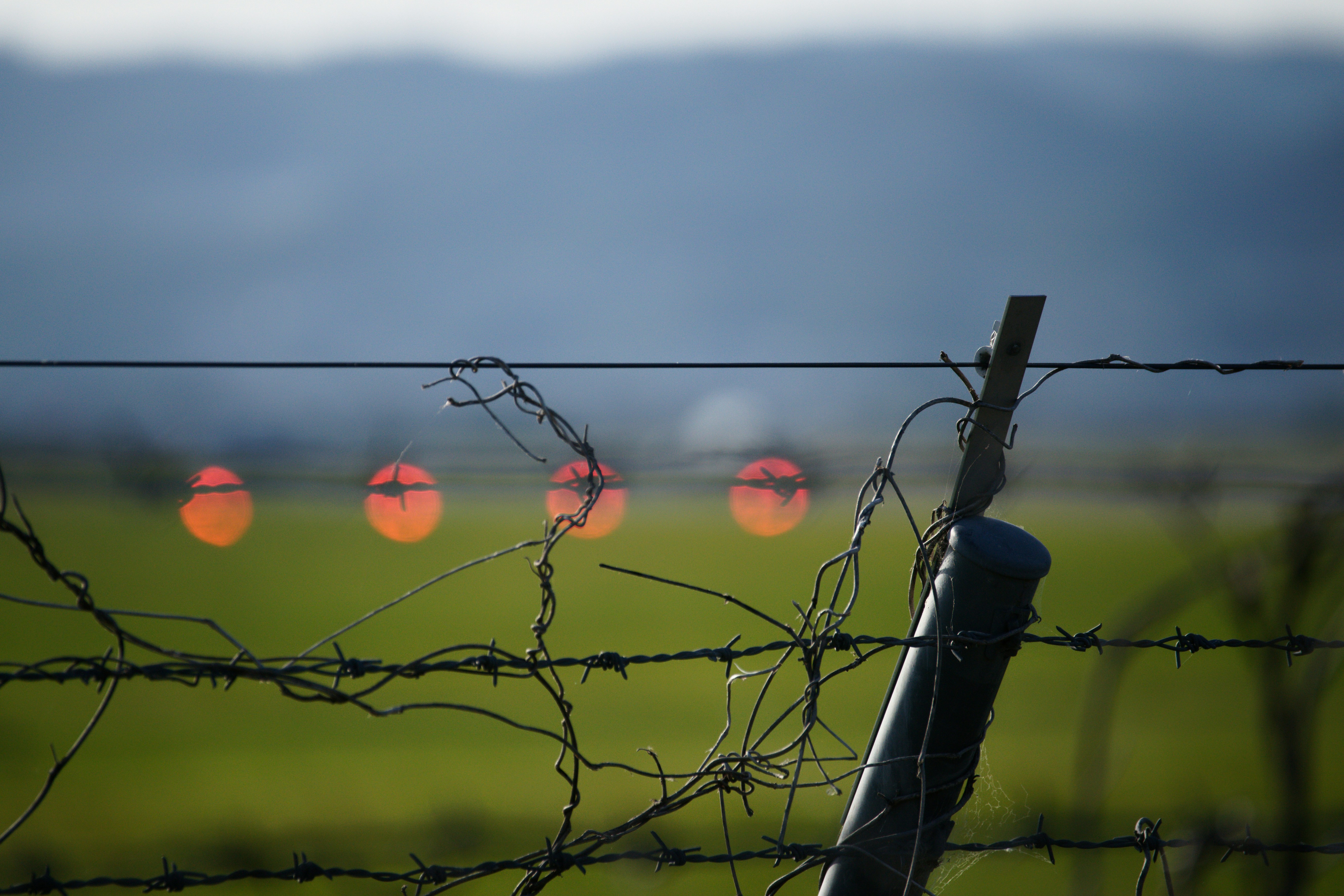 Barbed wire fence in front of airport lights.