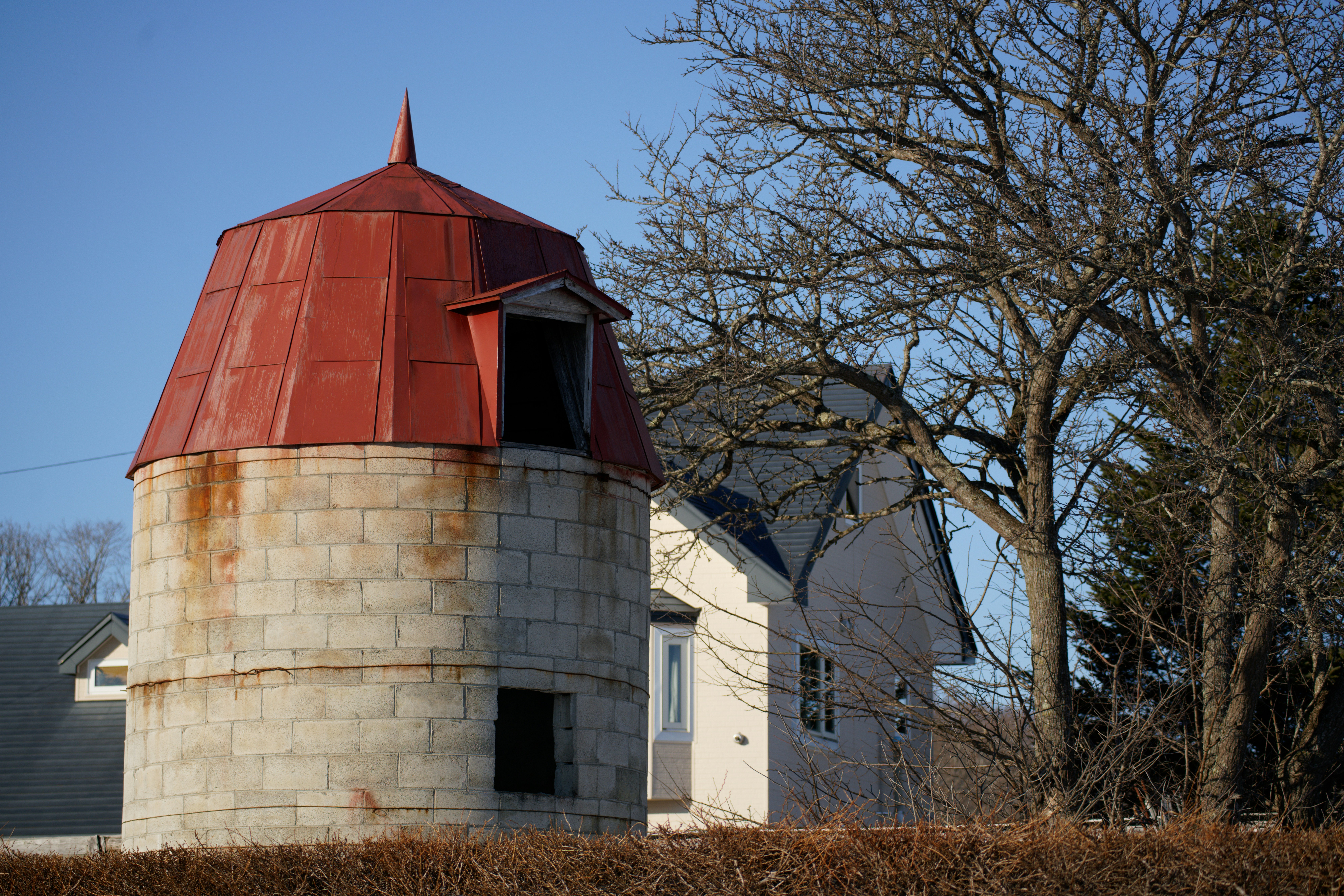 Rusty turret against a winter sky