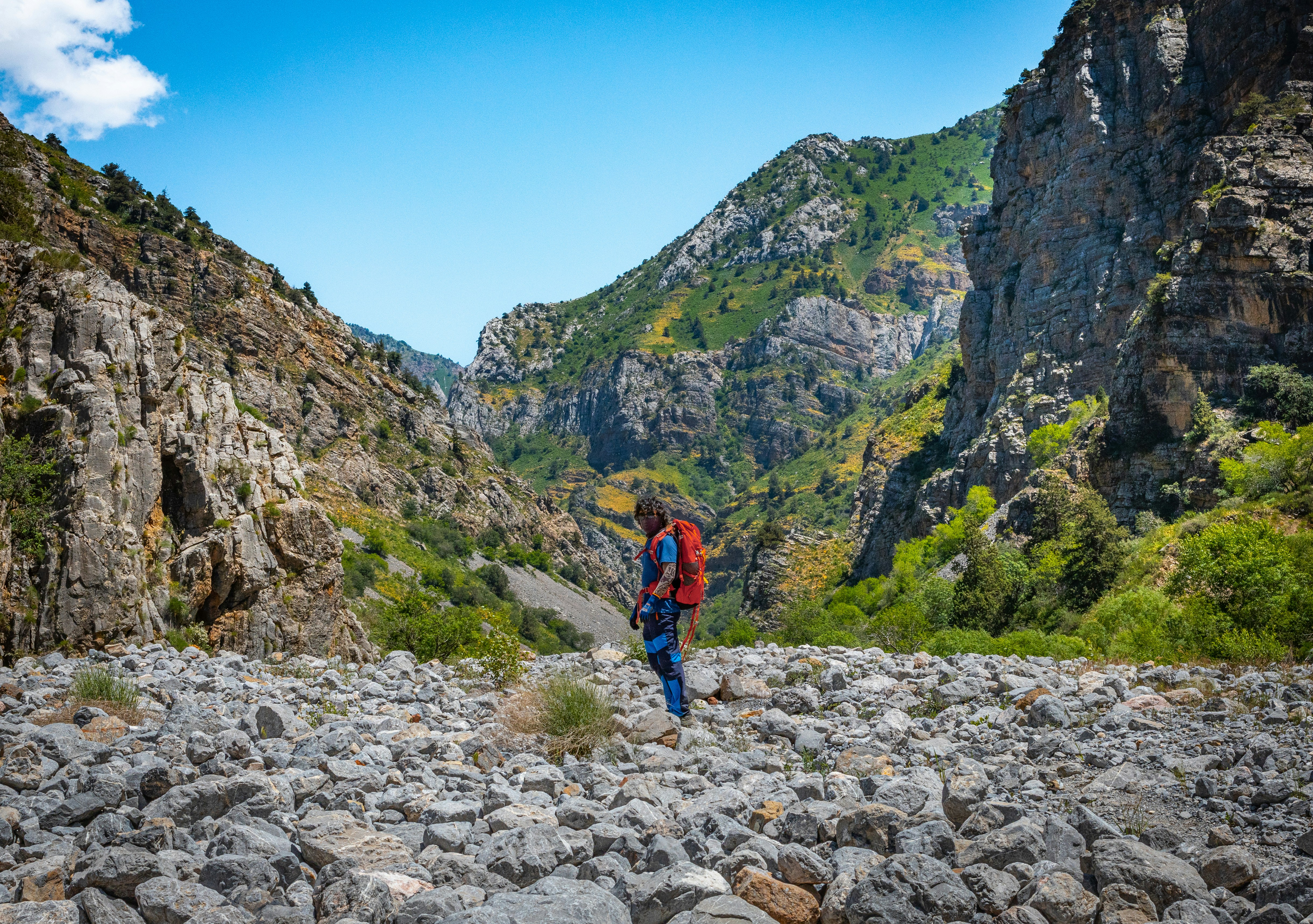 A lone trekker makes their way through a rocky path surrounded by steep cliffs and green slopes in the Kok-Suv canyon, Tashkent region, Uzbekistan. This image captures the spirit of adventure, self-reliance, and connection to wild nature in one of Central Asia’s hidden hiking gems. | Hiker explores a rocky valley surrounded by mountains.