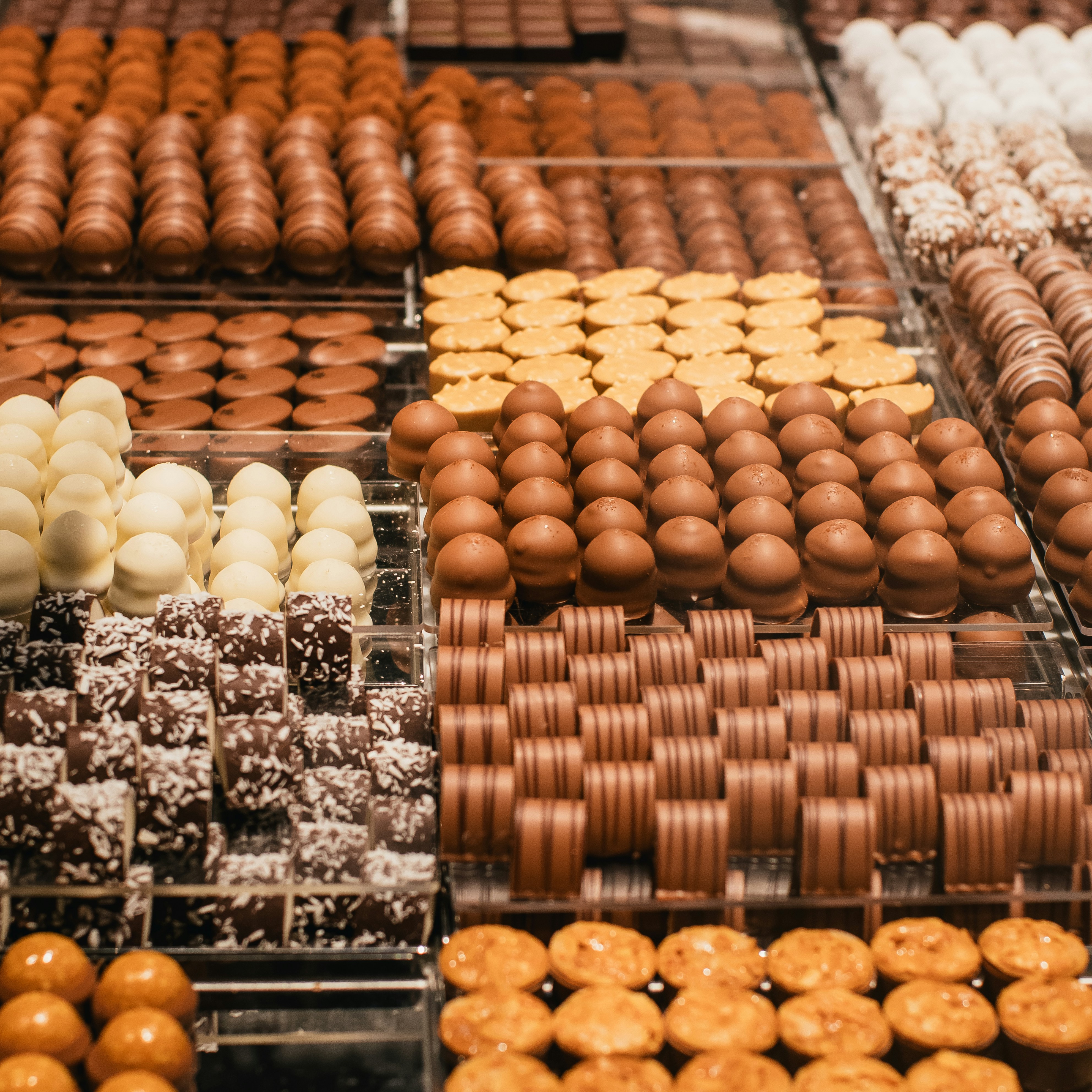 Rows of delicious, assorted chocolates are displayed. photo – Free Food ...