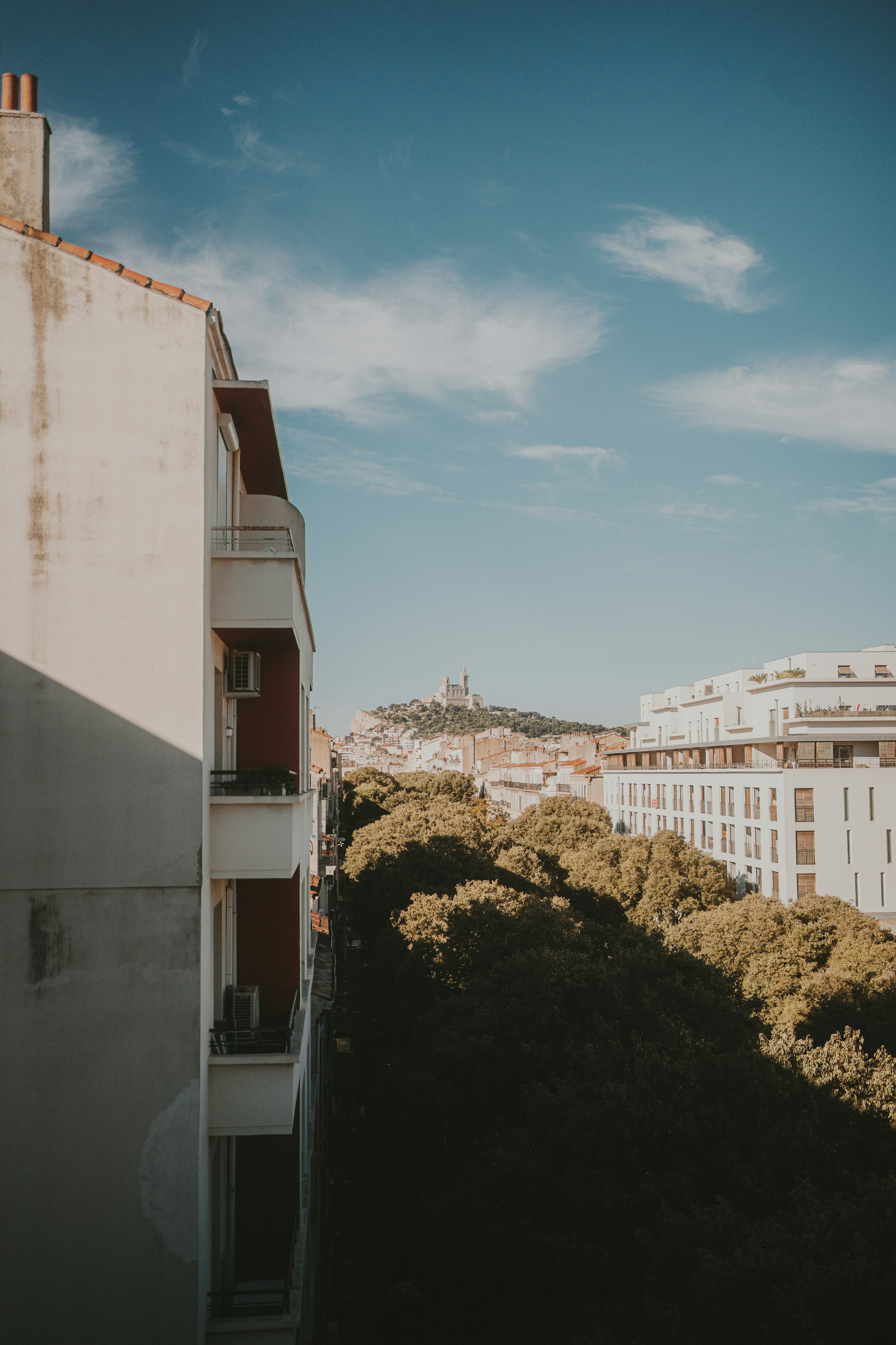 View of a cityscape framed by buildings, with a distant hill featuring a prominent structure. Lush greenery lines the streets below.