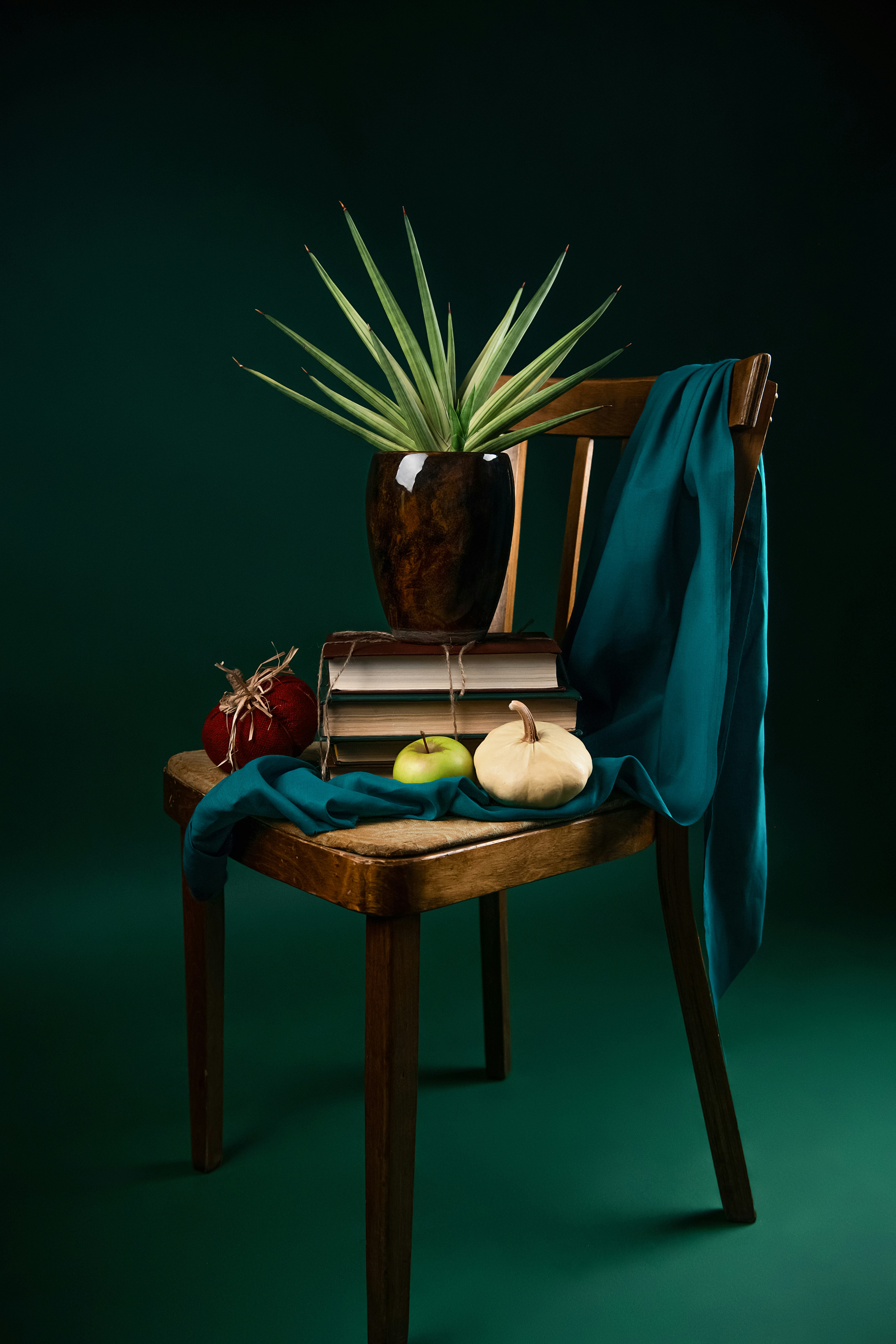 Spiky Green on a Weathered Chair: Teal Drapery and Harvest in Quiet Light
