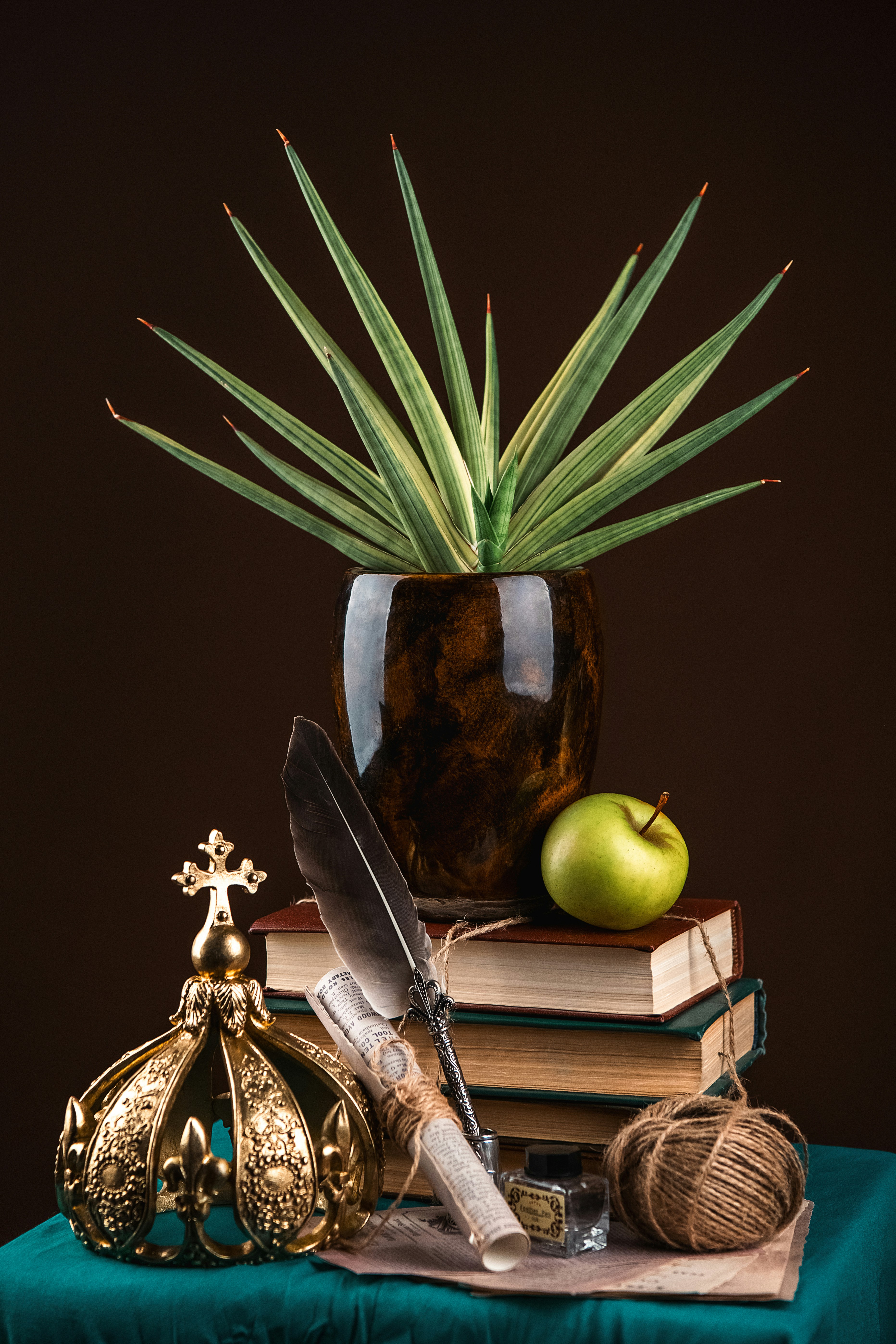 Verdant Crown atop a Scholar's Stack: A Still-Life of Objects and Ideas