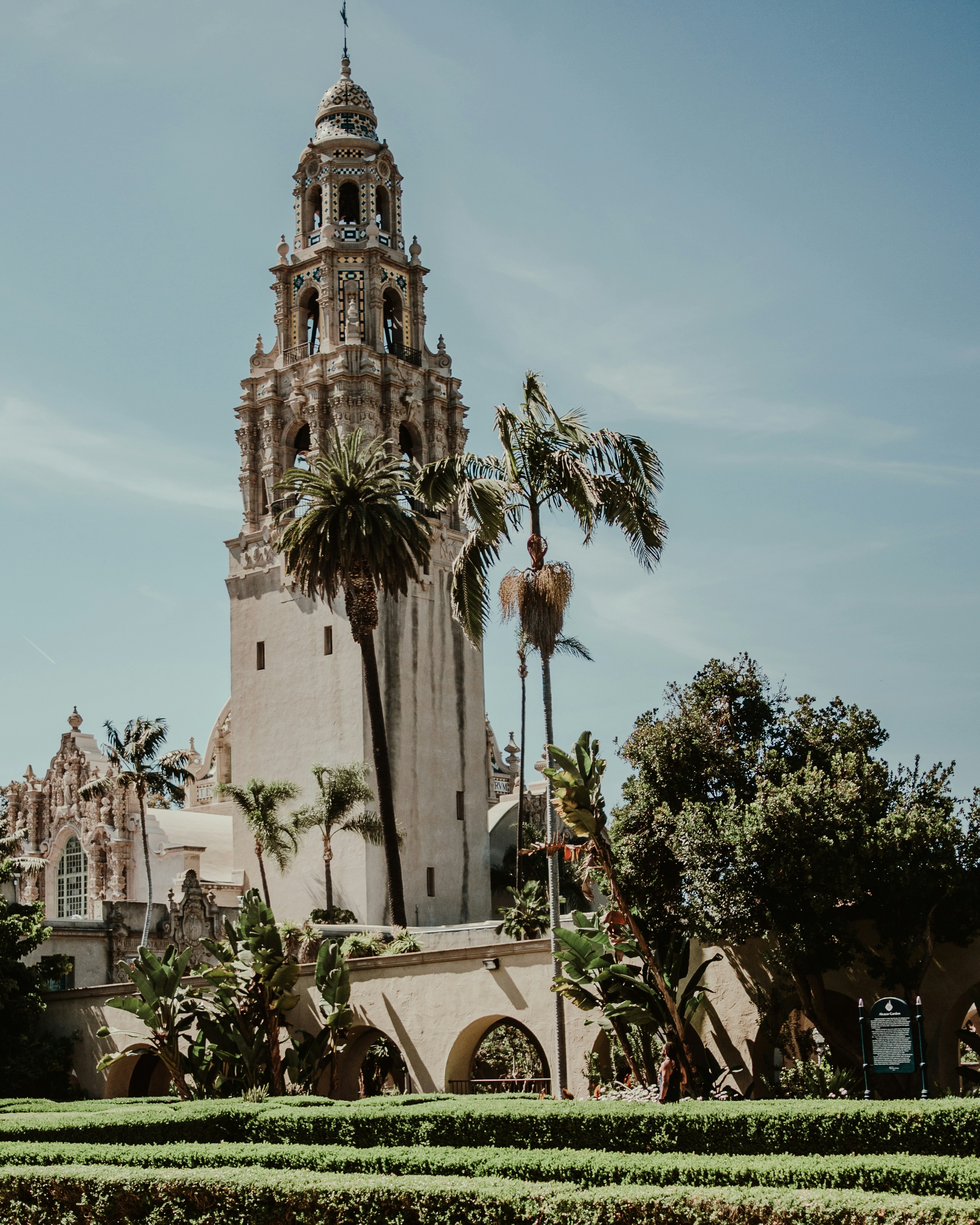 Towering Baroque Spire Amid Palm Guz and Courtyard
