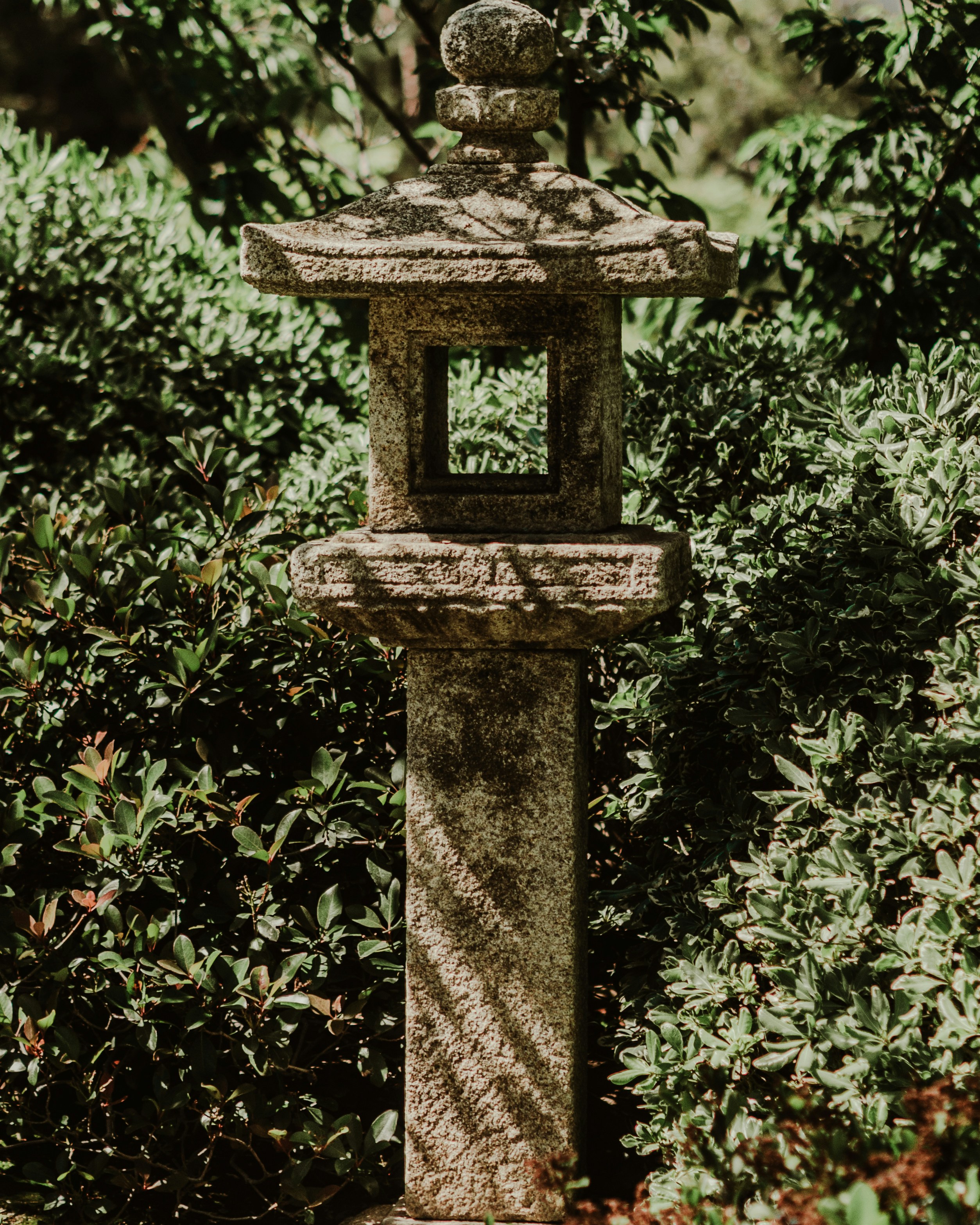 A traditional stone lantern stands amidst lush greenery, casting intricate shadows that enhance the serene garden atmosphere.
