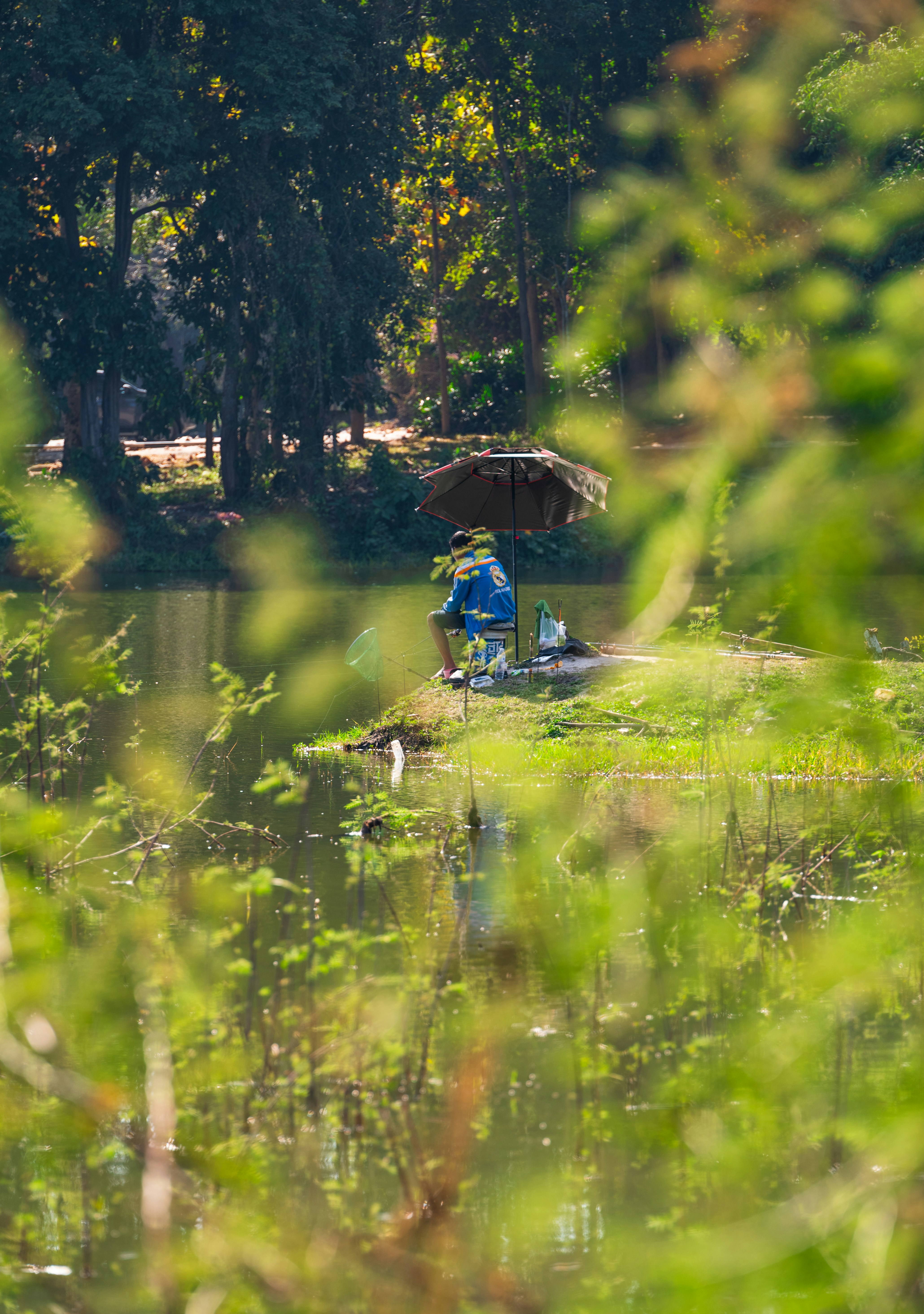 Lakeside Quiet Under a Parasol: An Angler's Moment