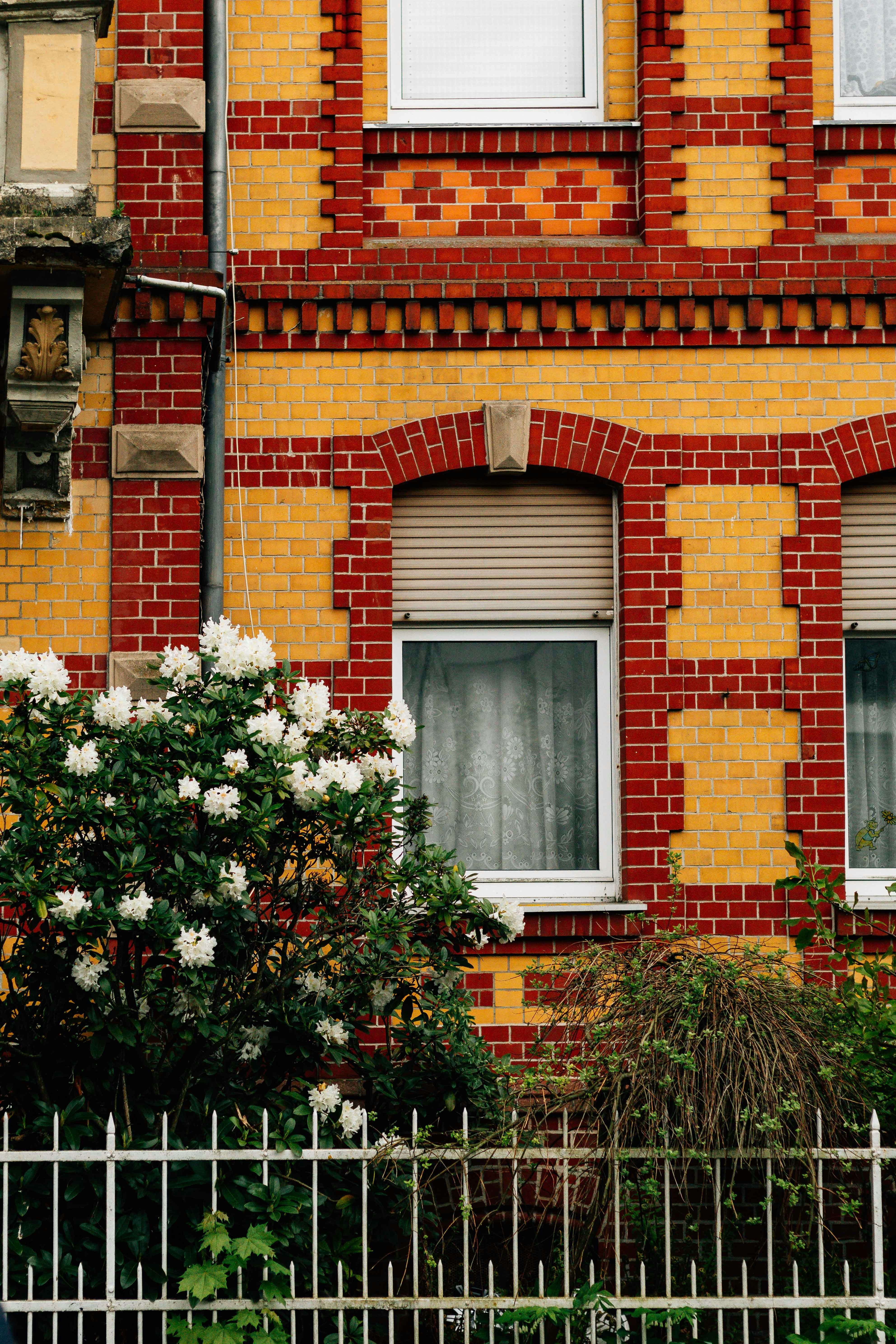 A colorful brick building with windows and flowers. photo – Free ...
