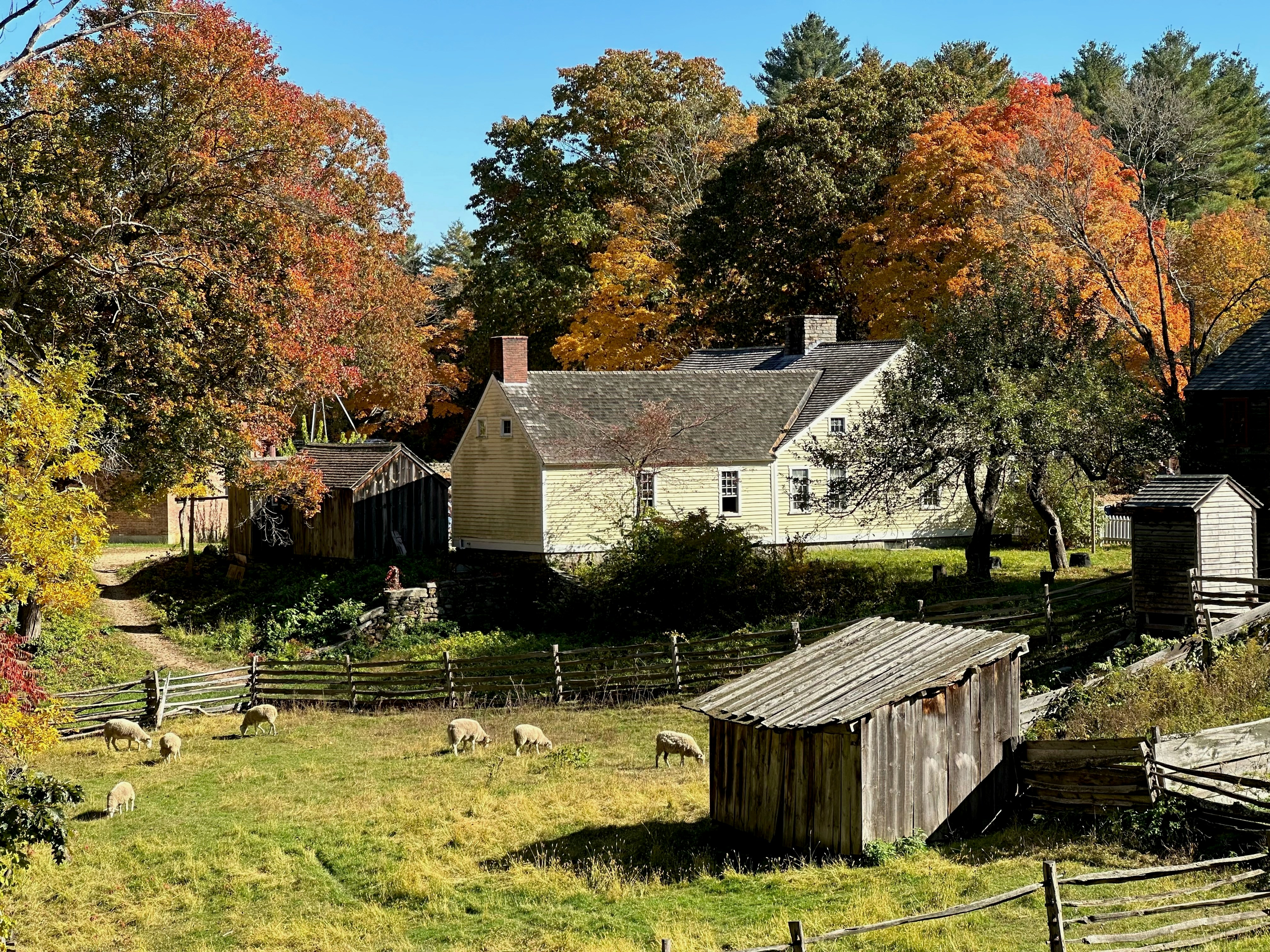 An old farmhouse sits in autumn foliage.