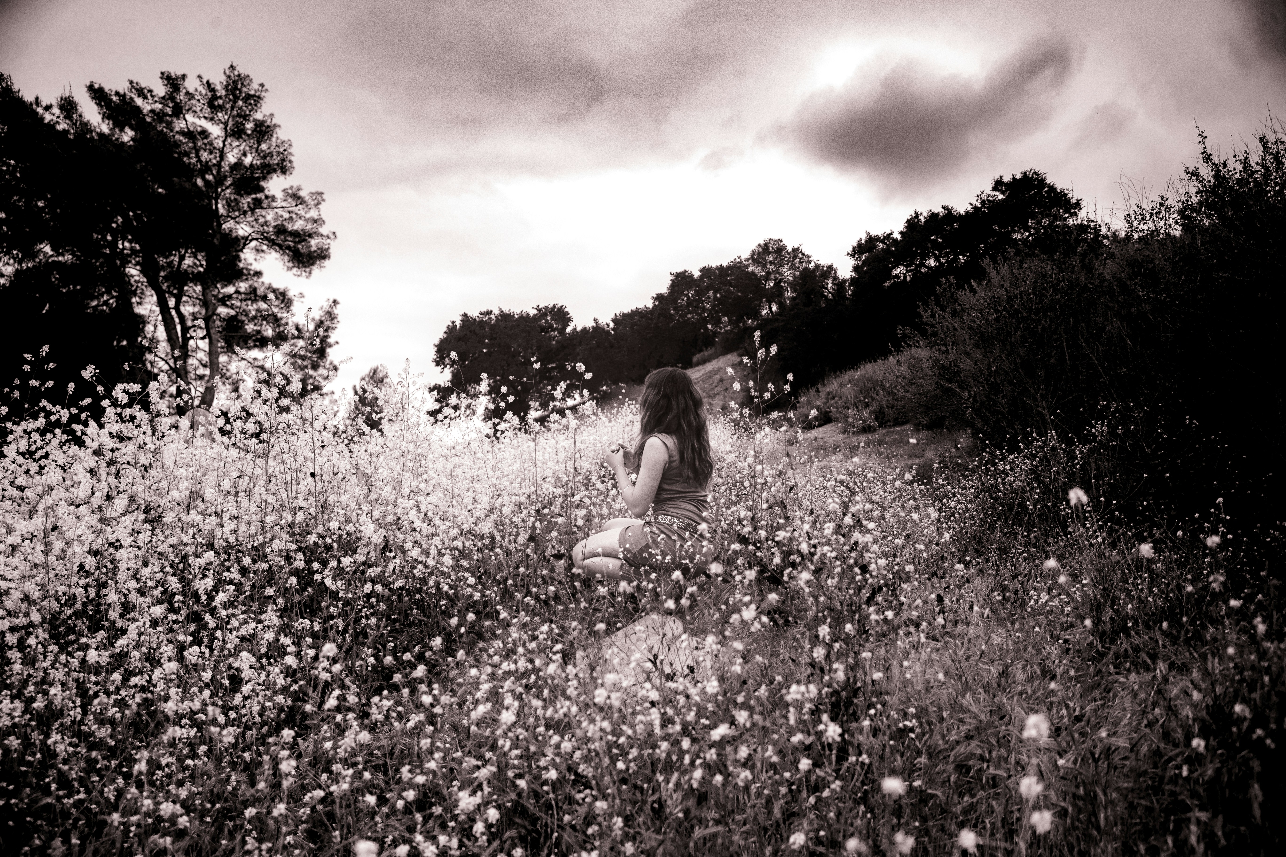 A young girl sits amidst a field of wildflowers, lost in thought under a dramatic sky. The monochrome tones enhance the serene atmosphere.