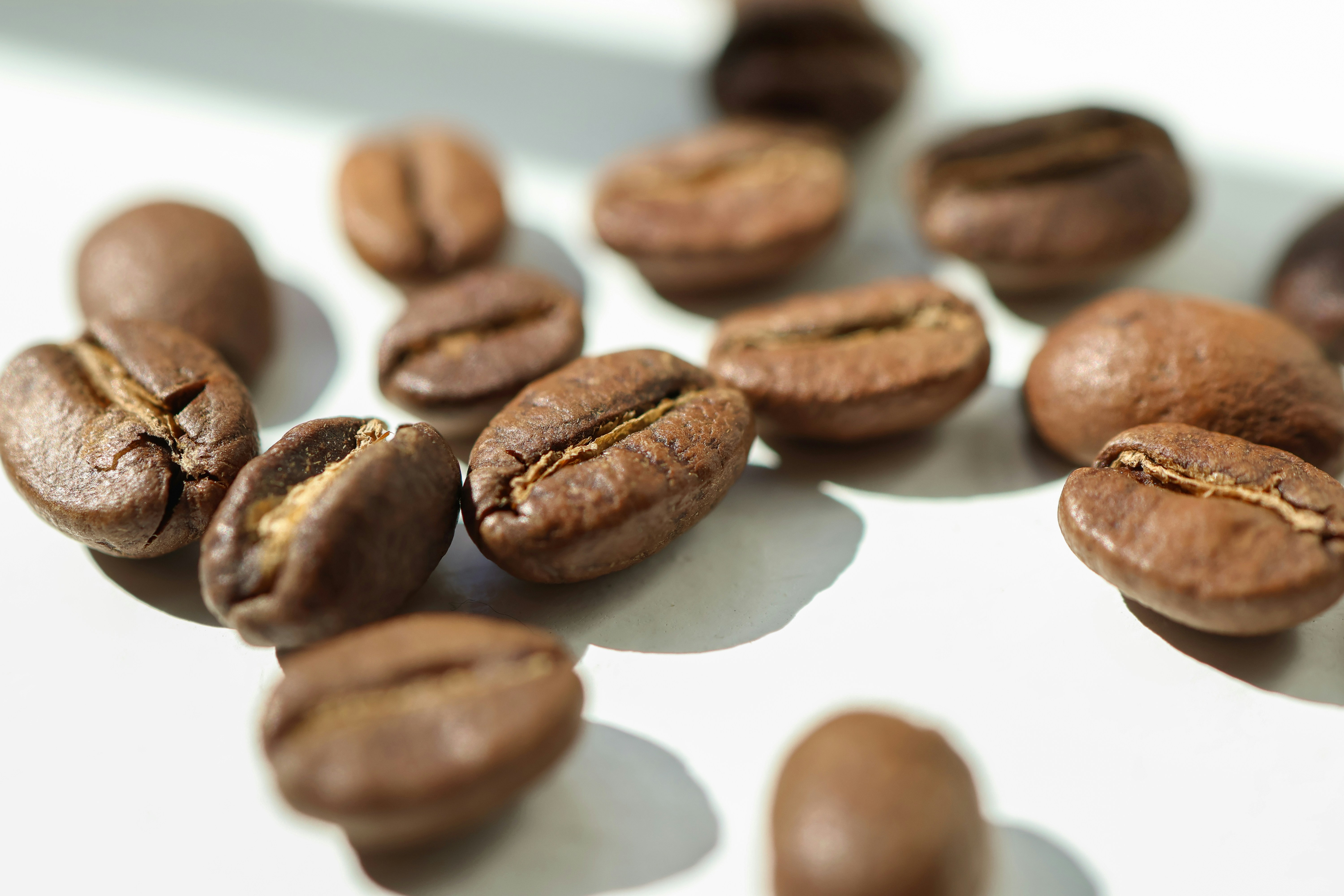 Roasted coffee beans are scattered on a white surface.