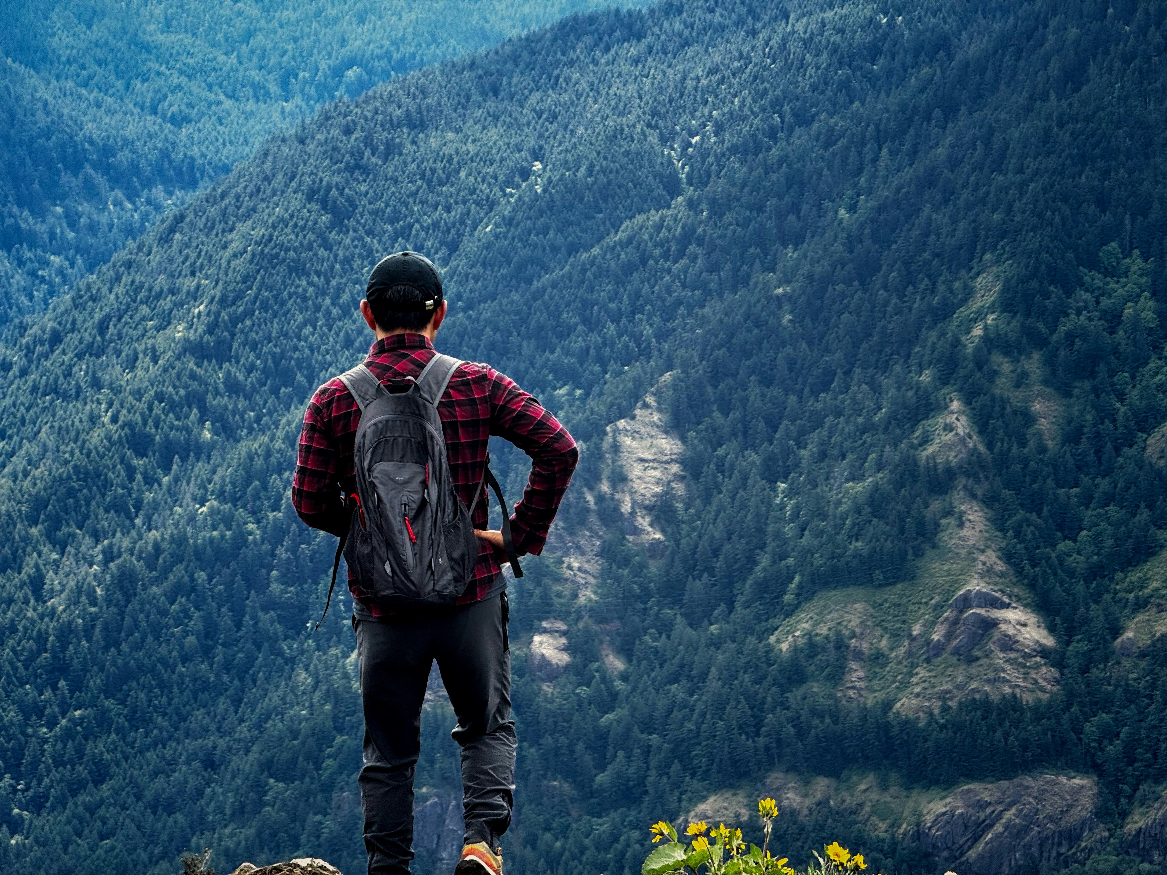 A hiker stands on a rocky outcrop, gazing at a vast mountainous landscape filled with dense forests and rolling hills.