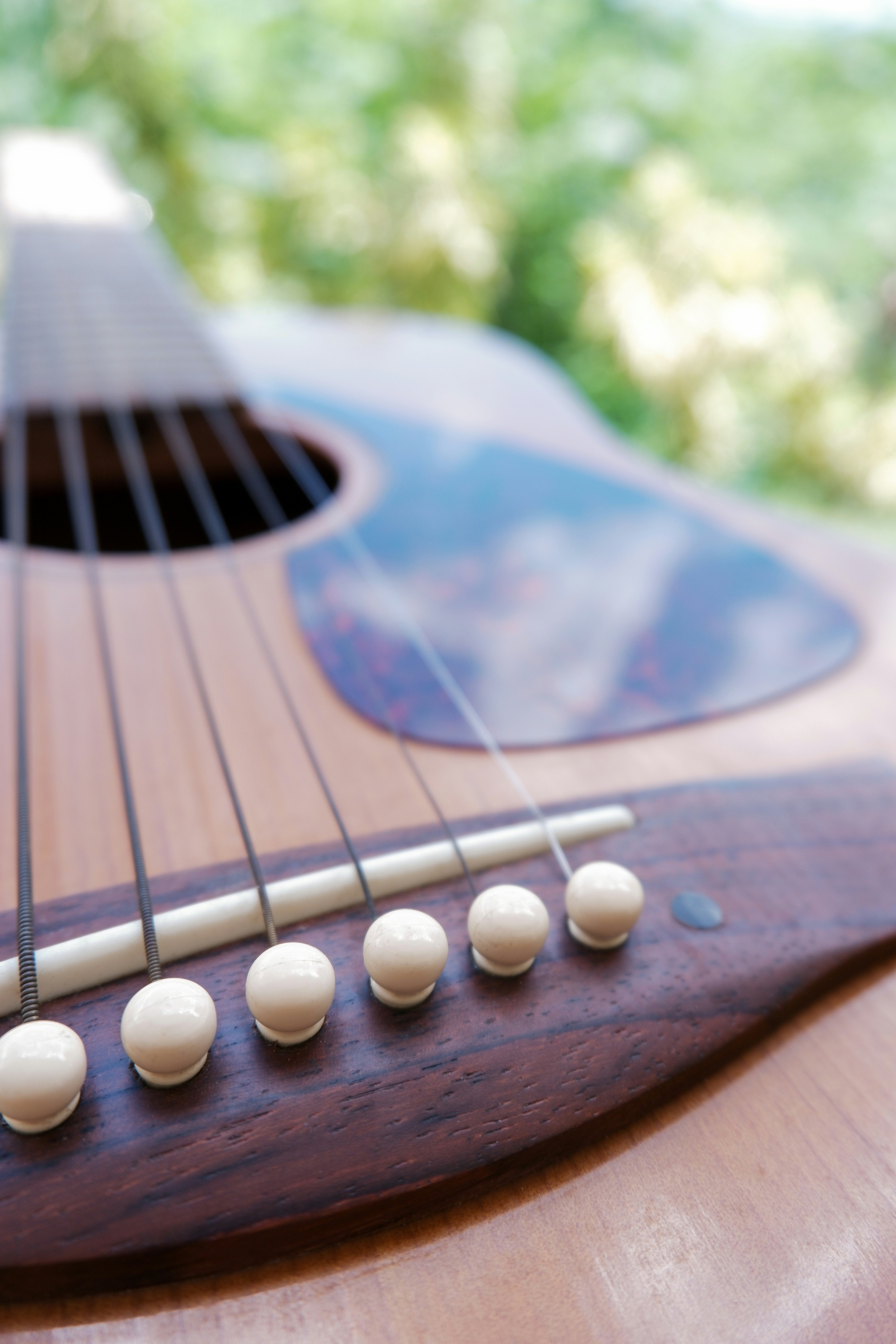 Bridge Portrait: Sunlit Pins and Woven Wood on an Acoustic Guitar