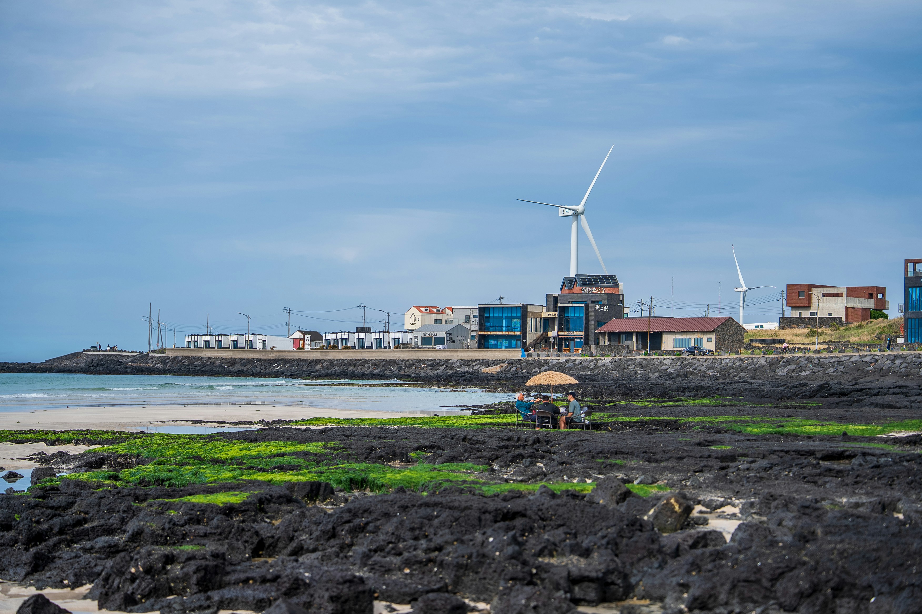 Coastal Tech Village with Turbines in a Quiet Seascape