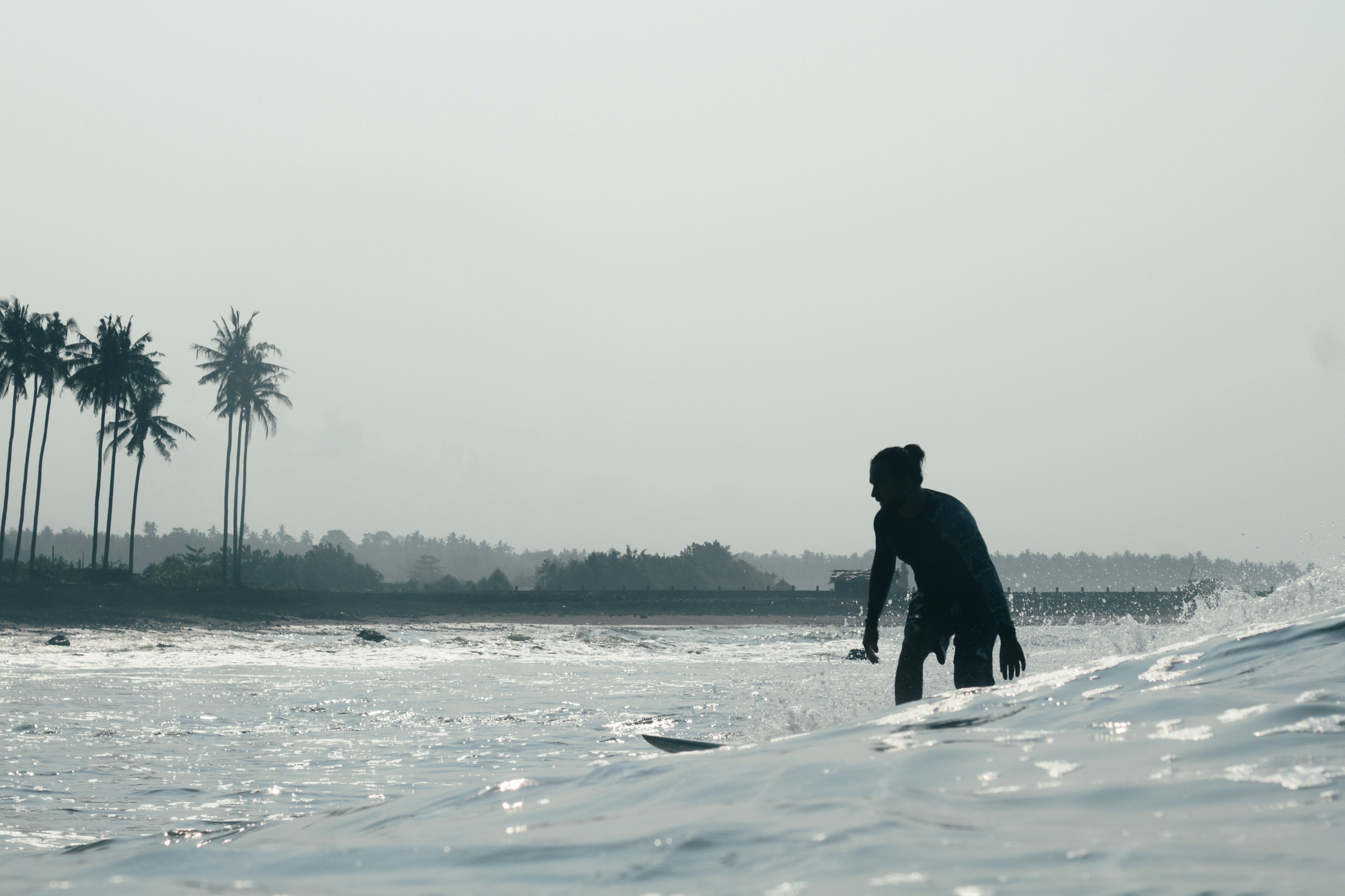 Silhouette of a surfer balancing on a wave with palm trees lining the horizon under a hazy sky.