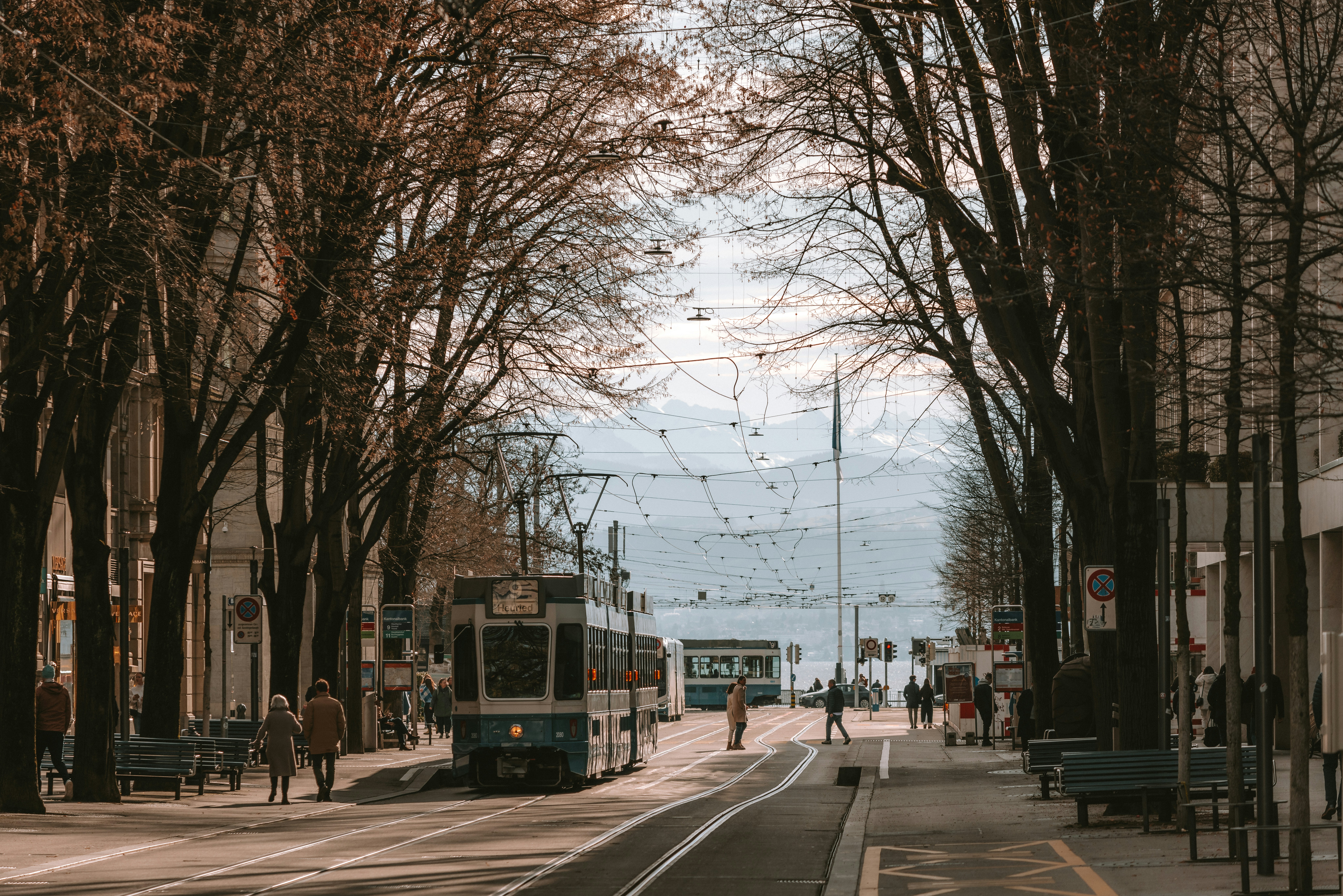 A tranquil urban scene featuring a tram navigating through tree-lined streets, with pedestrians and distant mountains under a soft sky.
