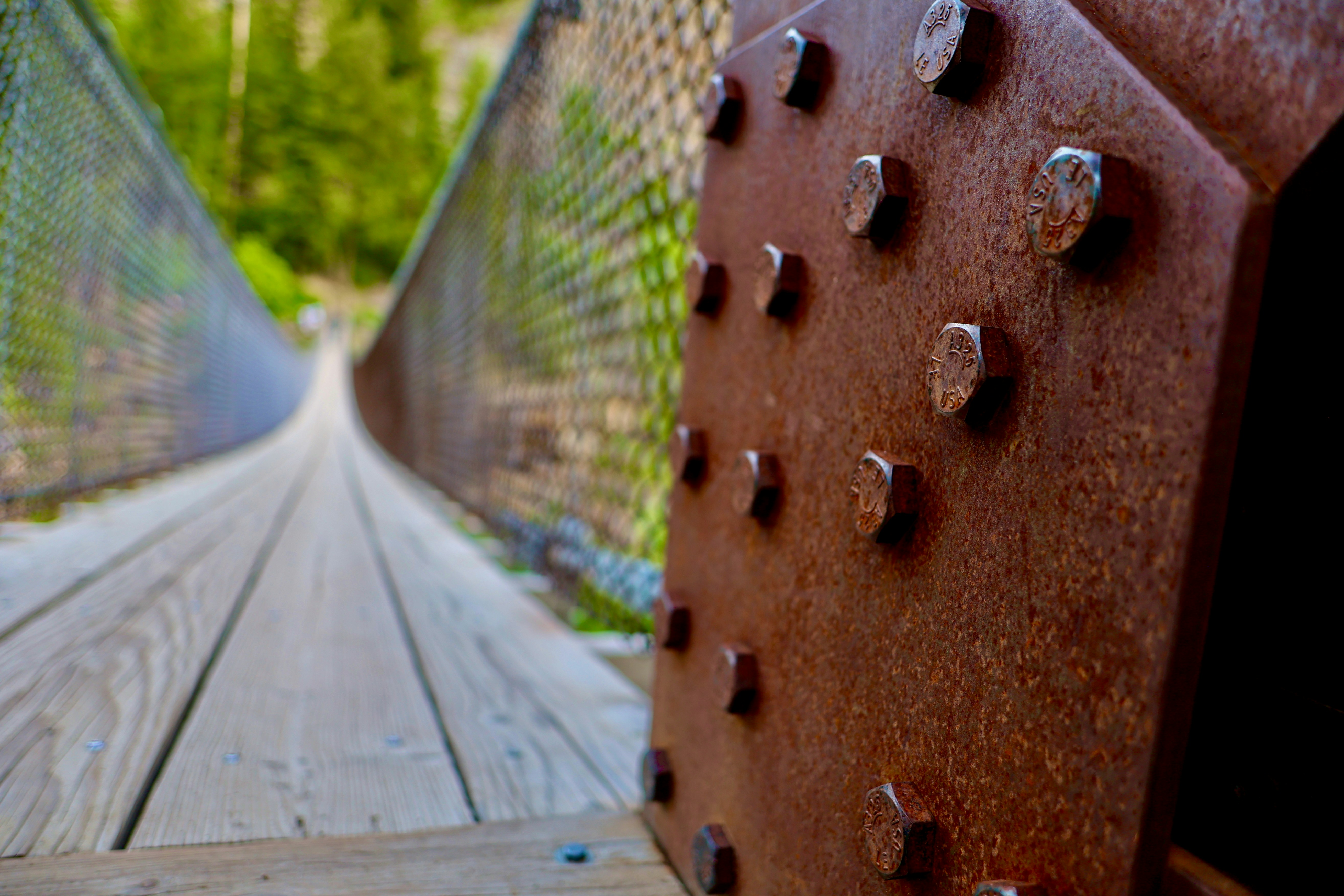 Rusted Rivet Foreground Framing a Vanishing Wooden Bridge