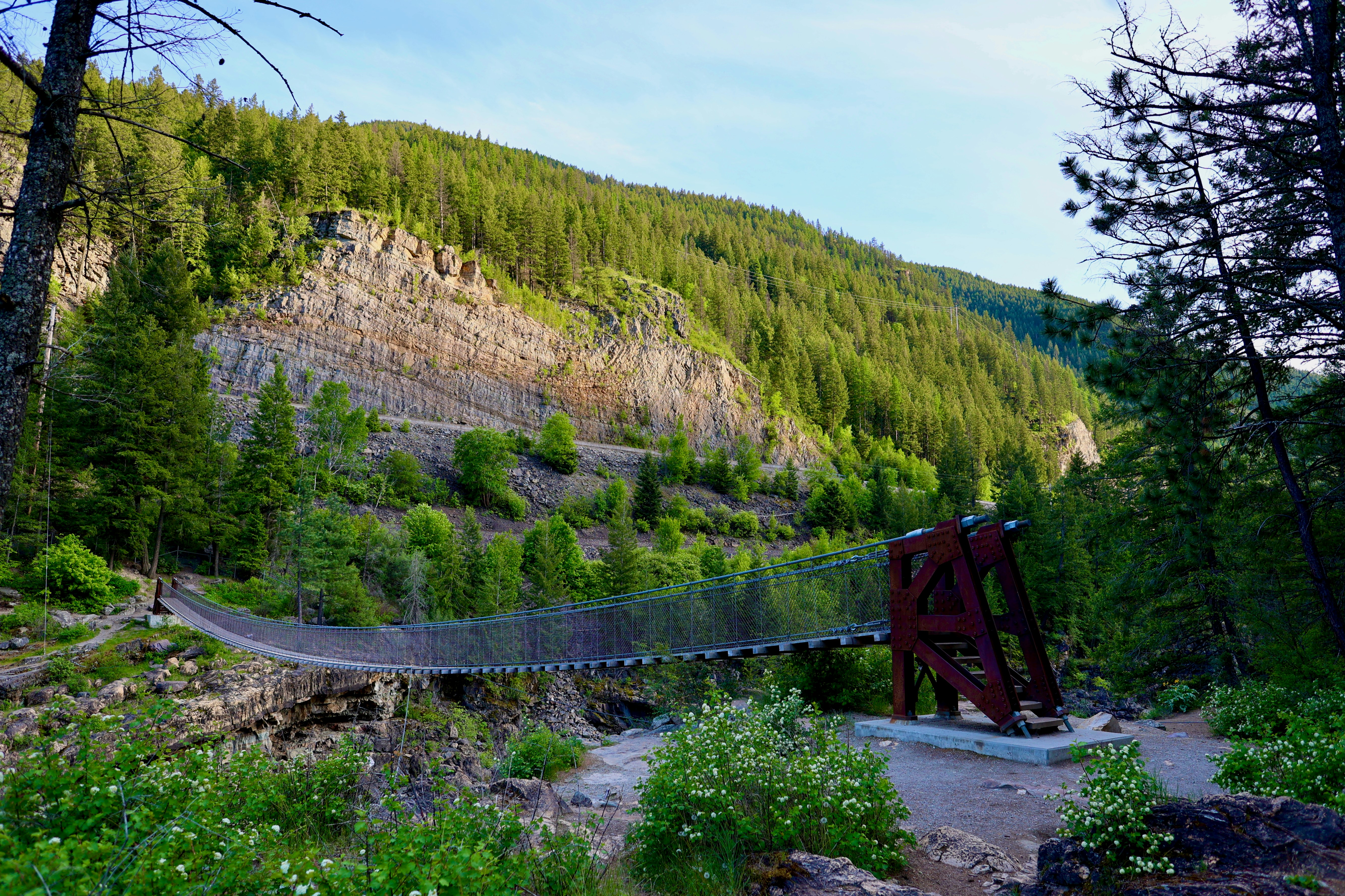 A suspension bridge gracefully spans a rocky gorge, framed by lush greenery and towering cliffs under a clear sky.