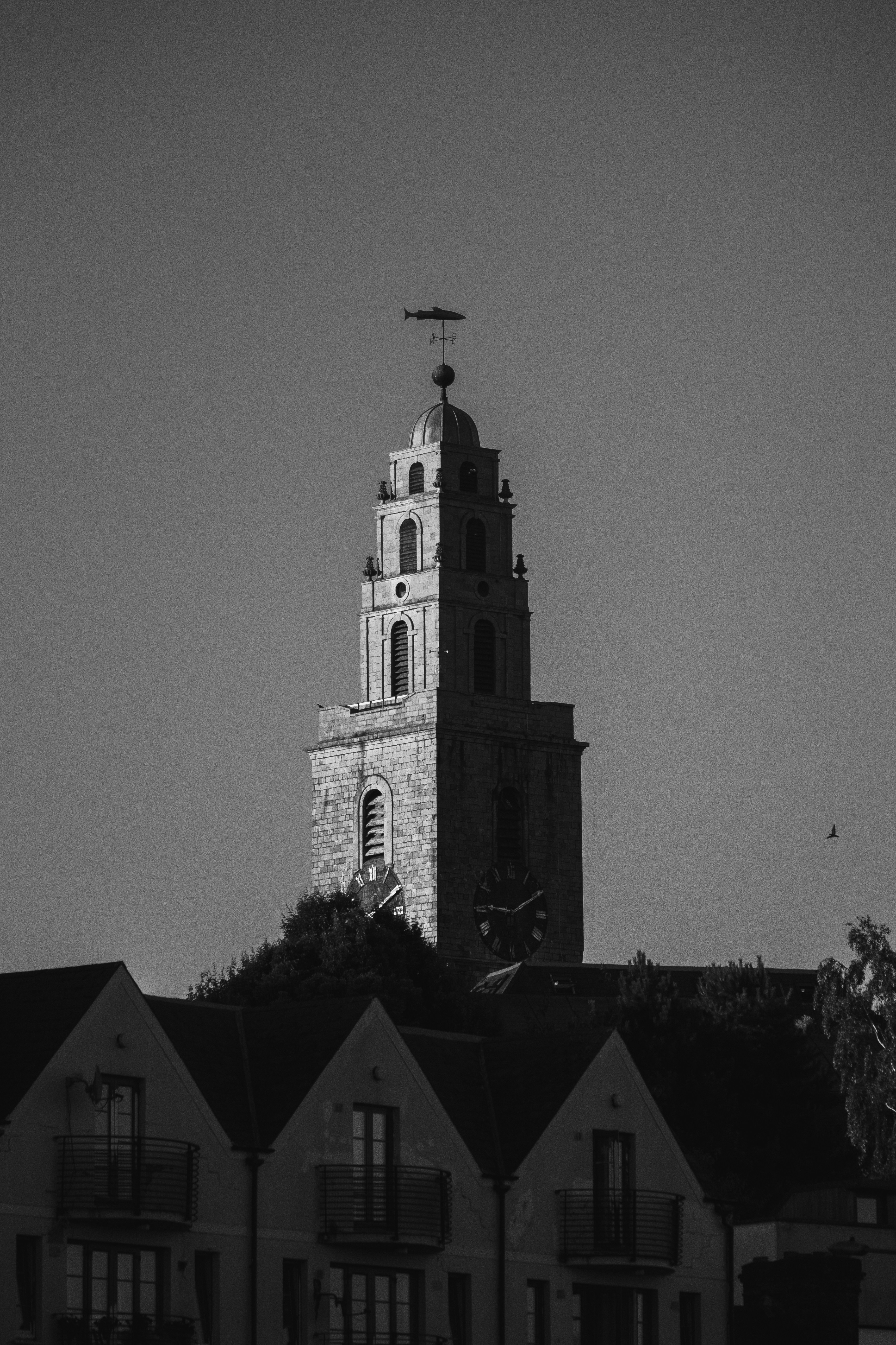 A church steeple towers above buildings.
