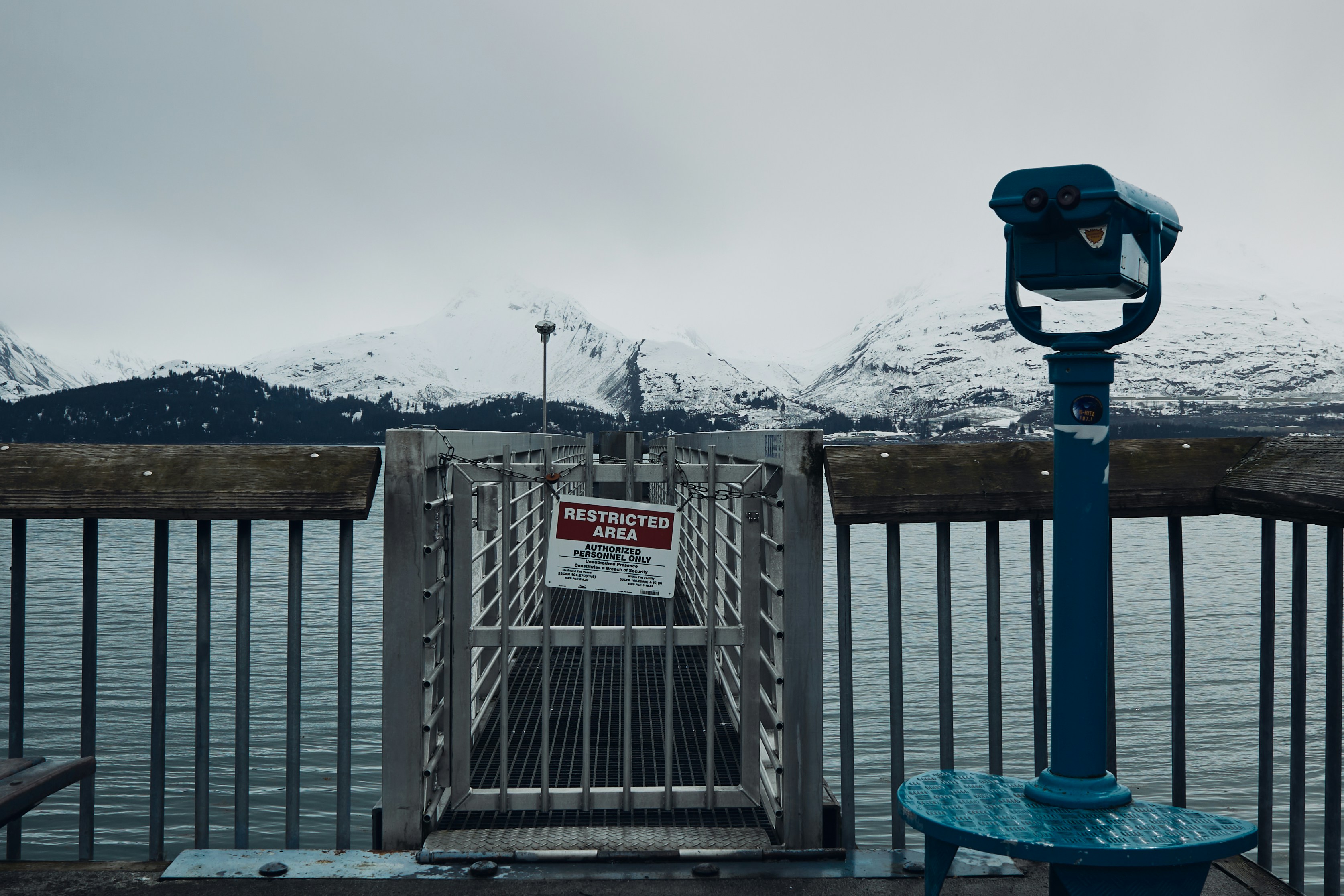 Observatory on a pier with snowy mountains. photo – Free Travel Image ...