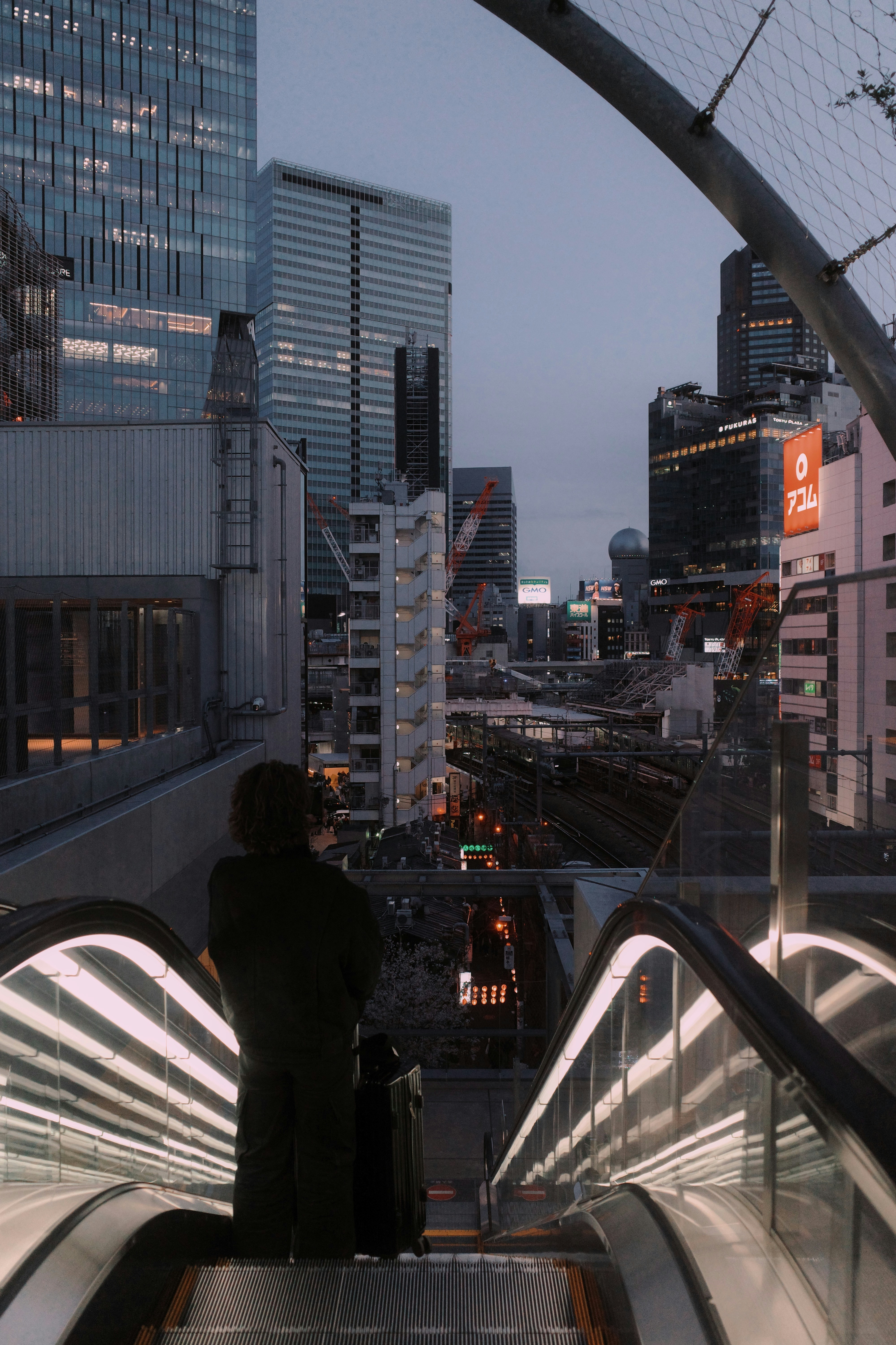Dusk on the Escalator: A Lone Traveler Overlooks a Neon-Backlit City