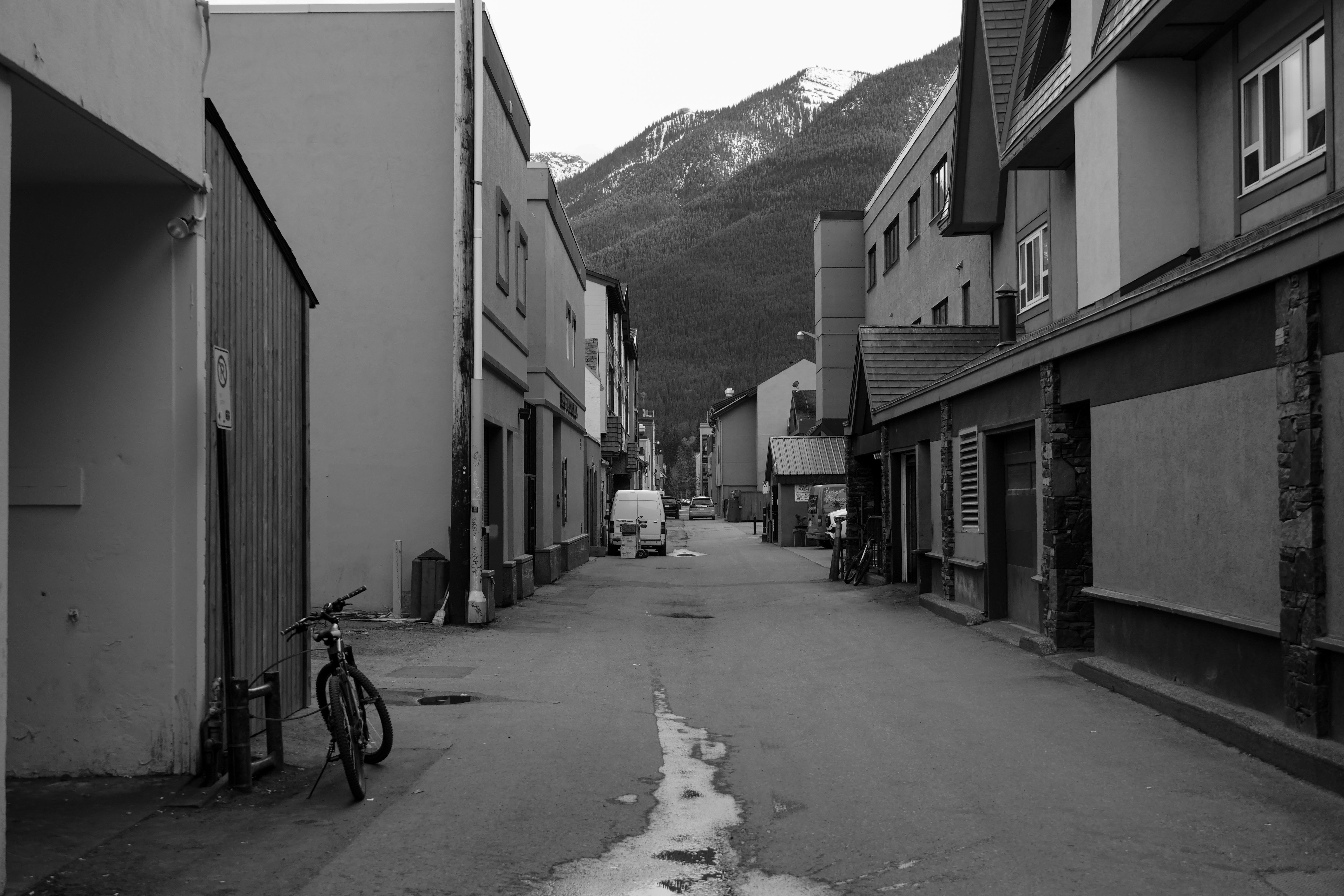Monochrome Convergence: A Street Reaches the Mountains