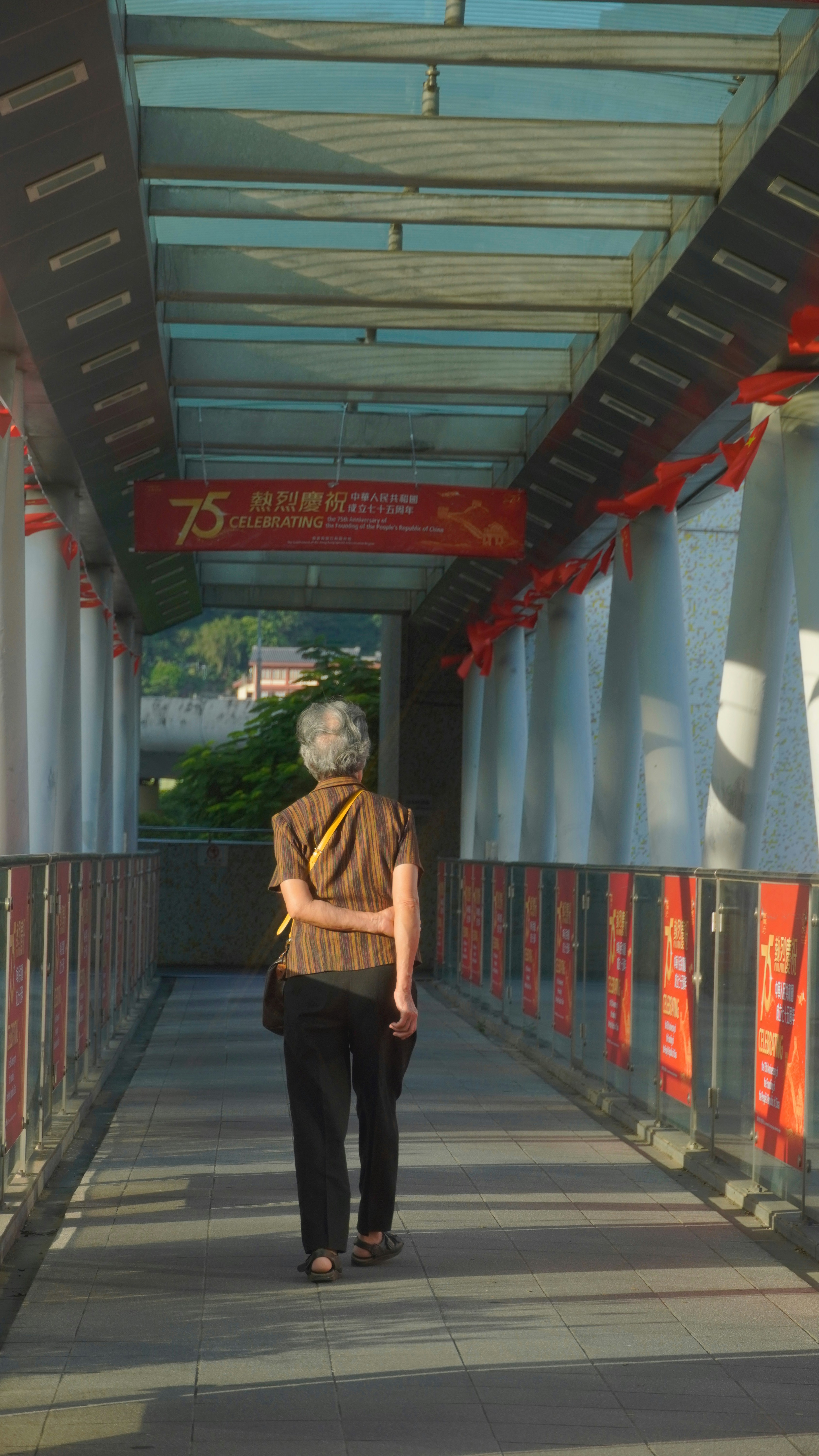 Seventy-Five Years Under Glass: An Elderly Woman Walks the Red-Bannered Corridor