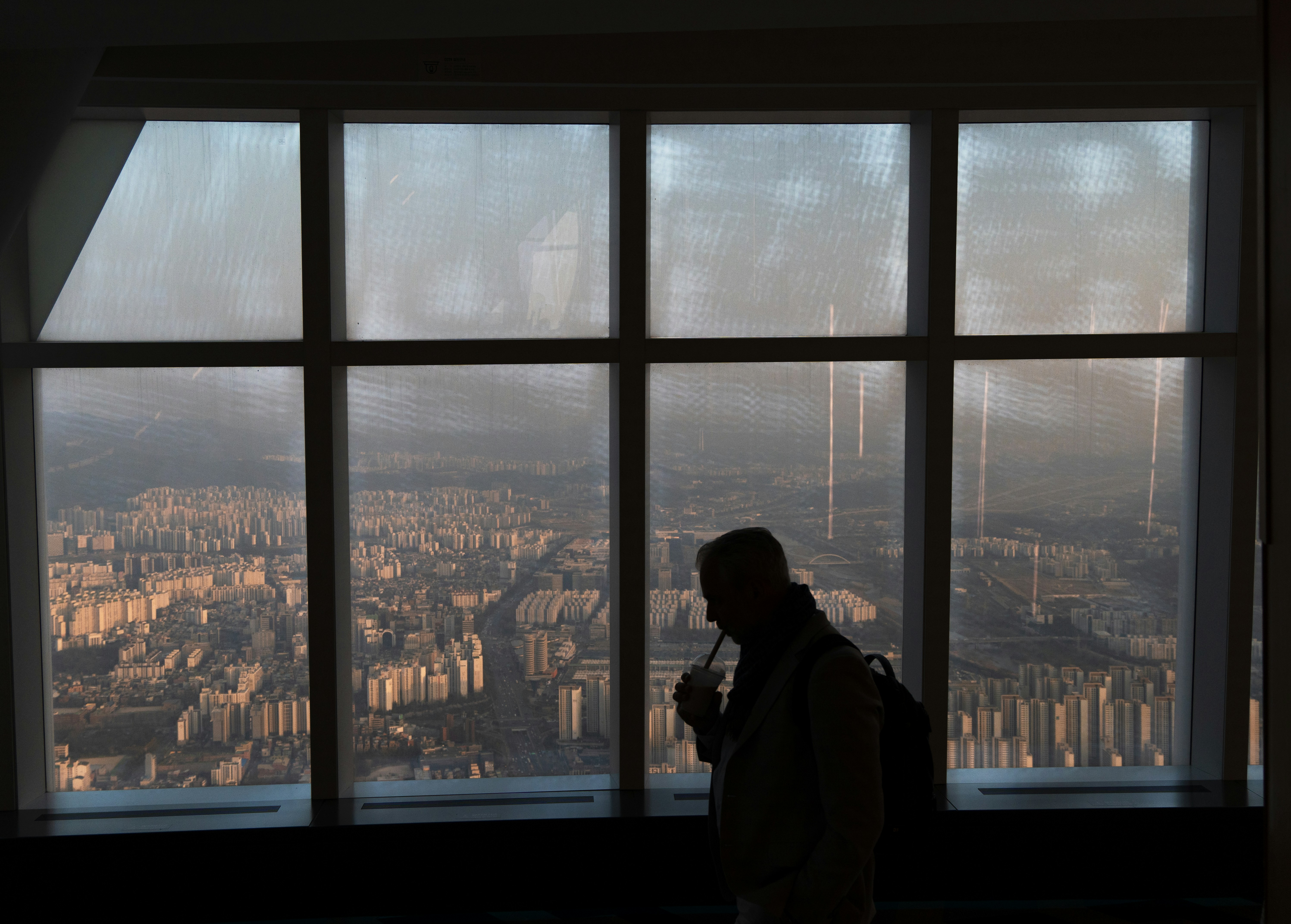 Window Grid Observer: A Quiet Silhouette Over a Sprawling City at Dusk