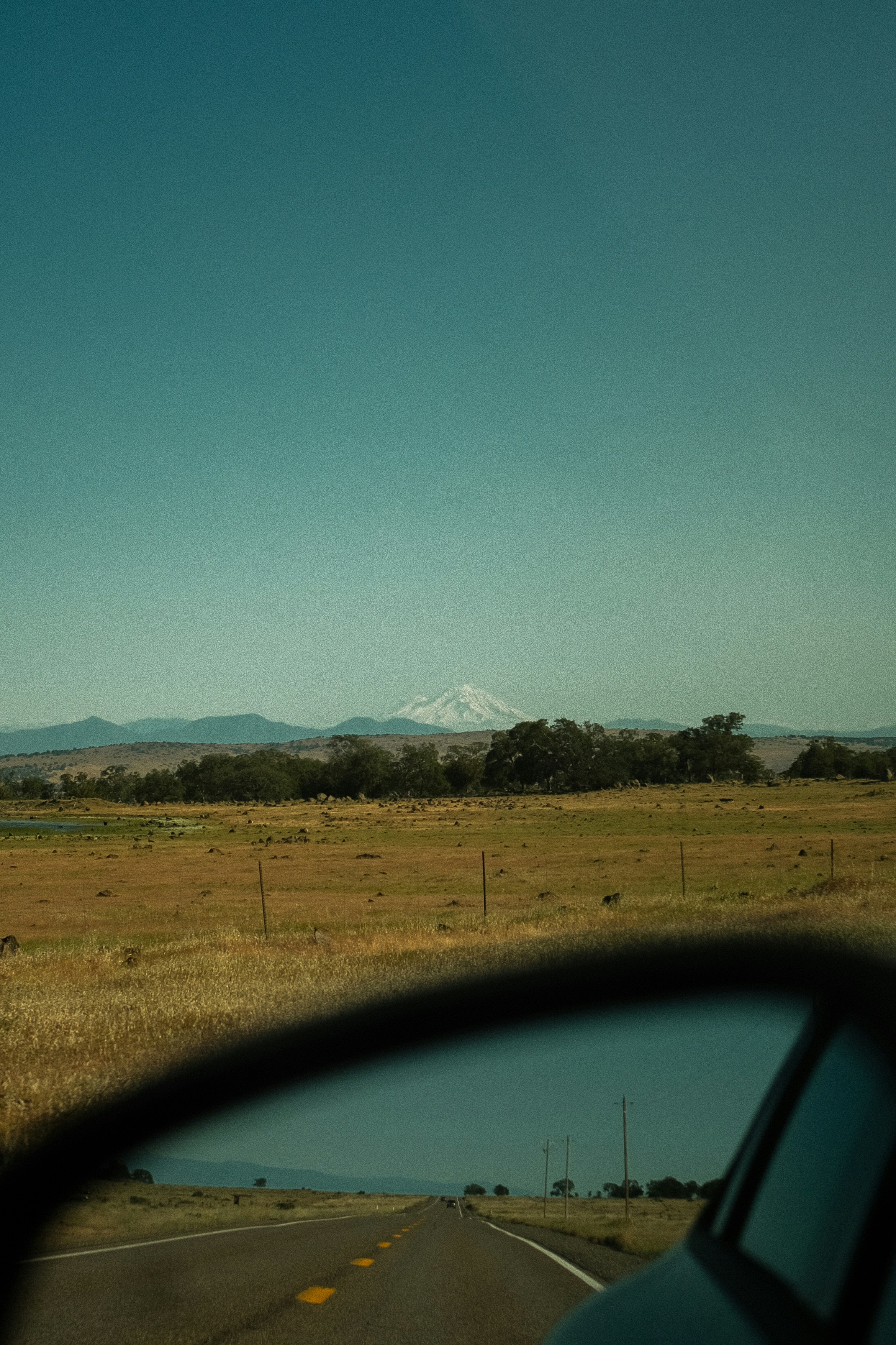 Snow-Capped Sentinel Across an Open Prairie Road