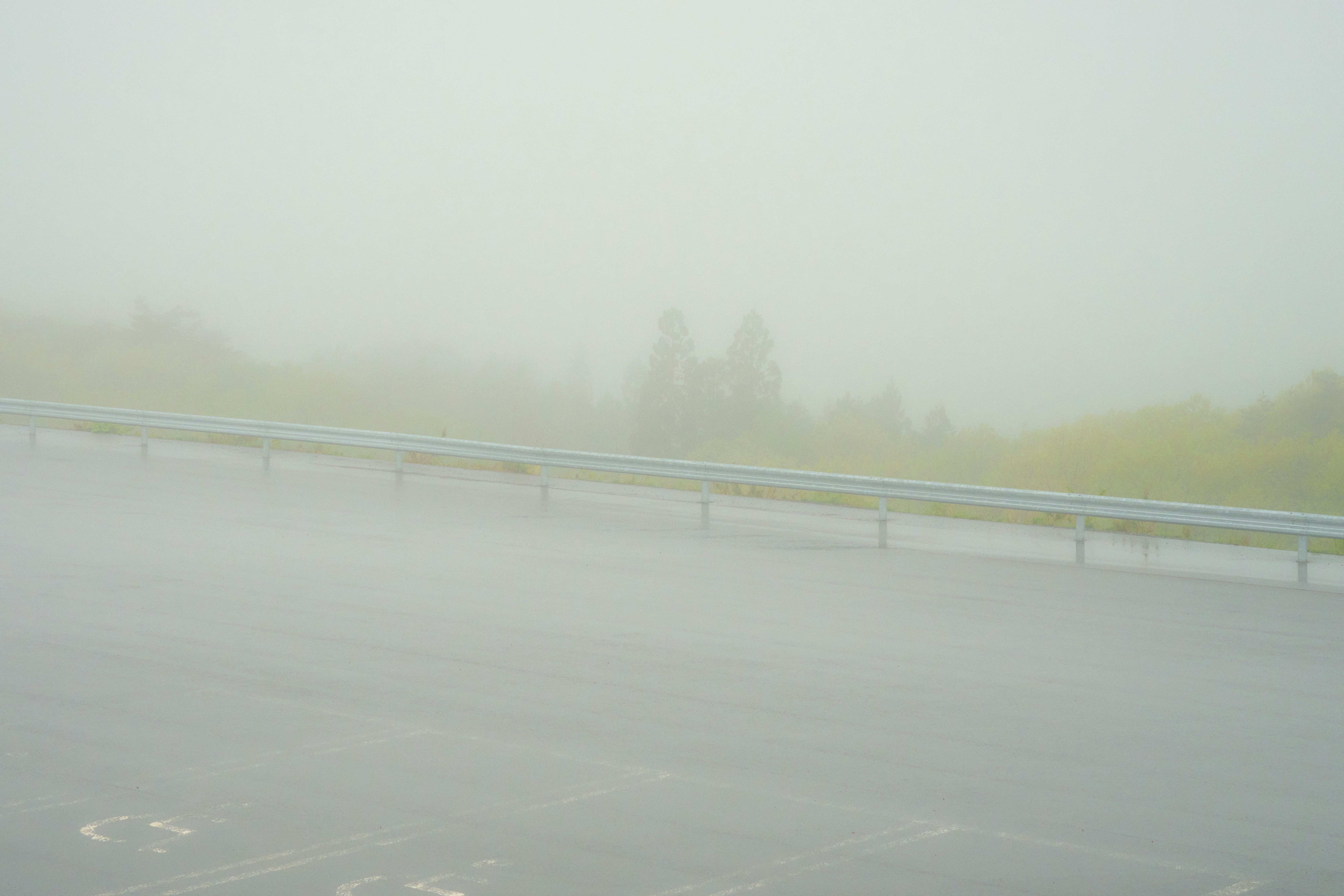A foggy landscape obscures the view of distant trees along an empty road, creating a sense of mystery and solitude.
