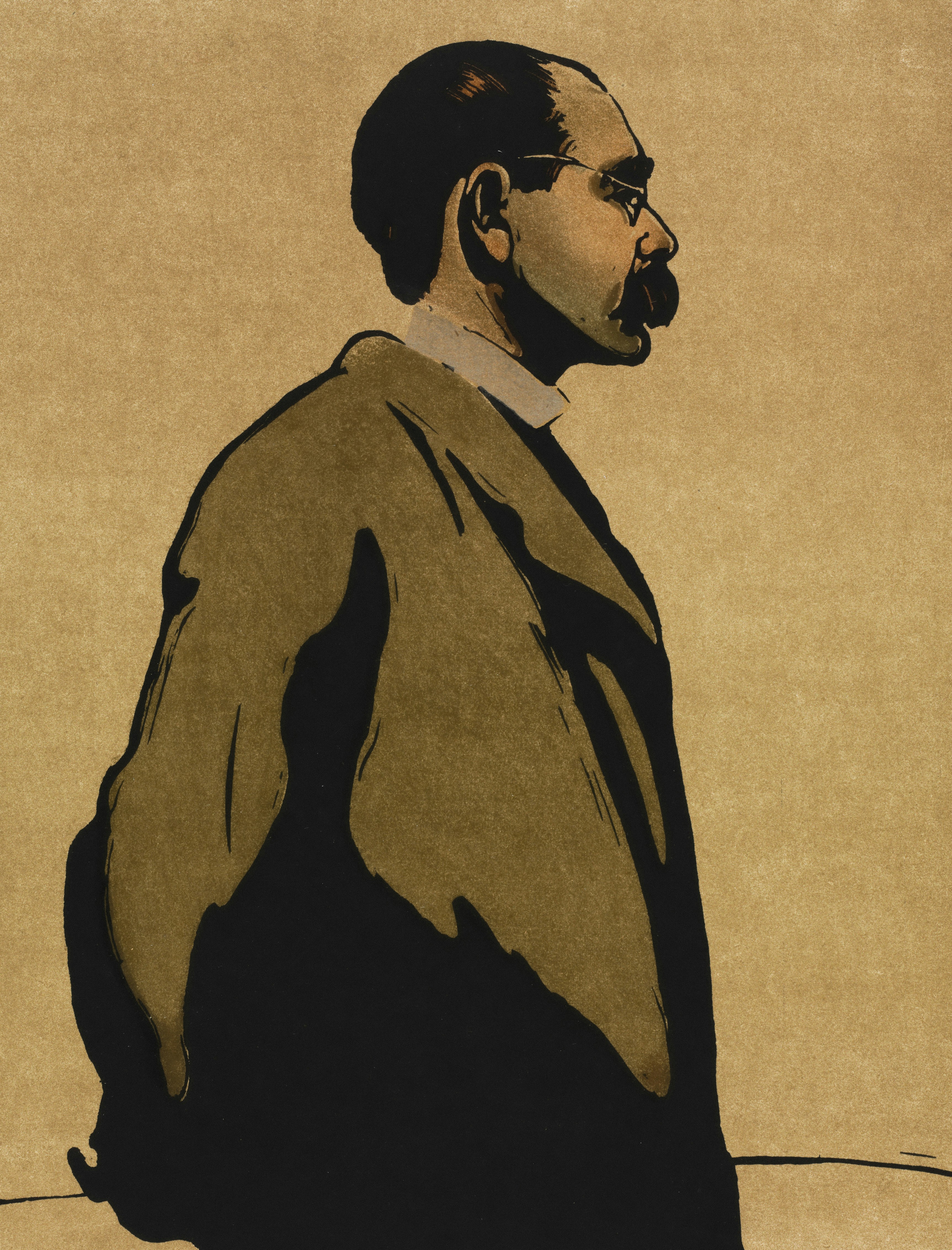 Profile illustration of a man in a dark coat, gazing thoughtfully to the side against a warm, muted background.