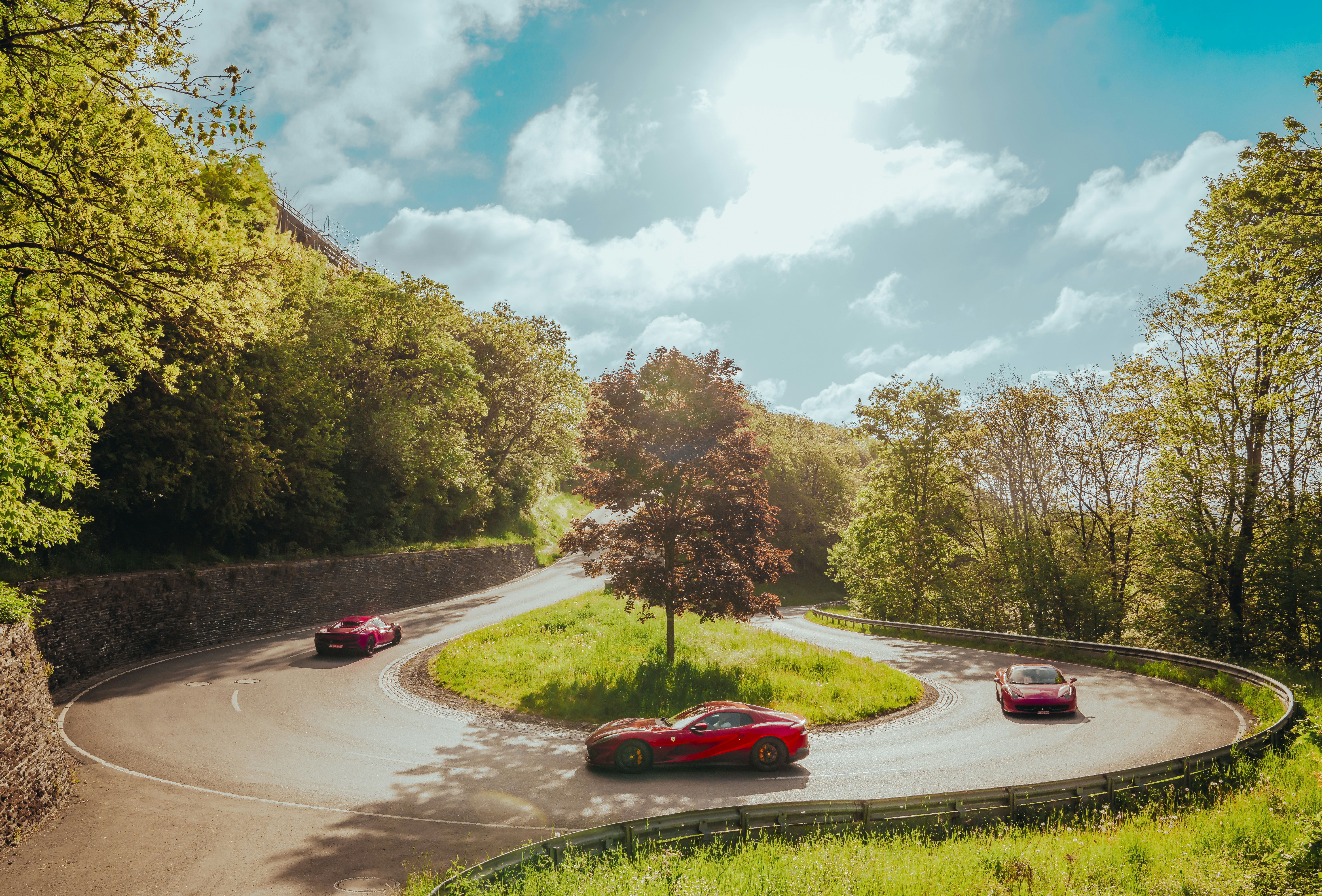 Cars race along a winding road through a forest. photo – Free Car Image ...