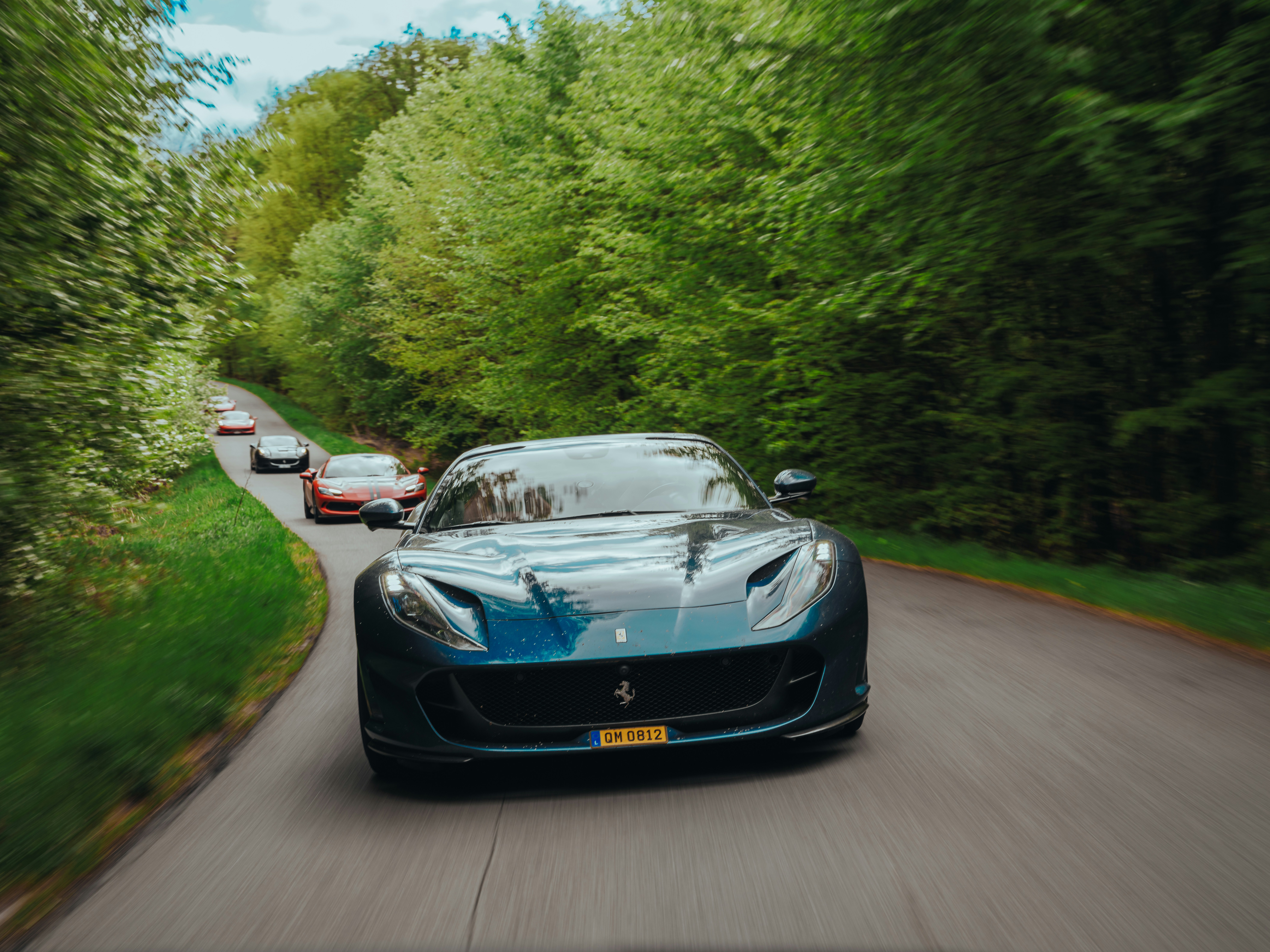 Blue Ferrari on a Leafy Curve: A Portrait of Speed Under the Canopy