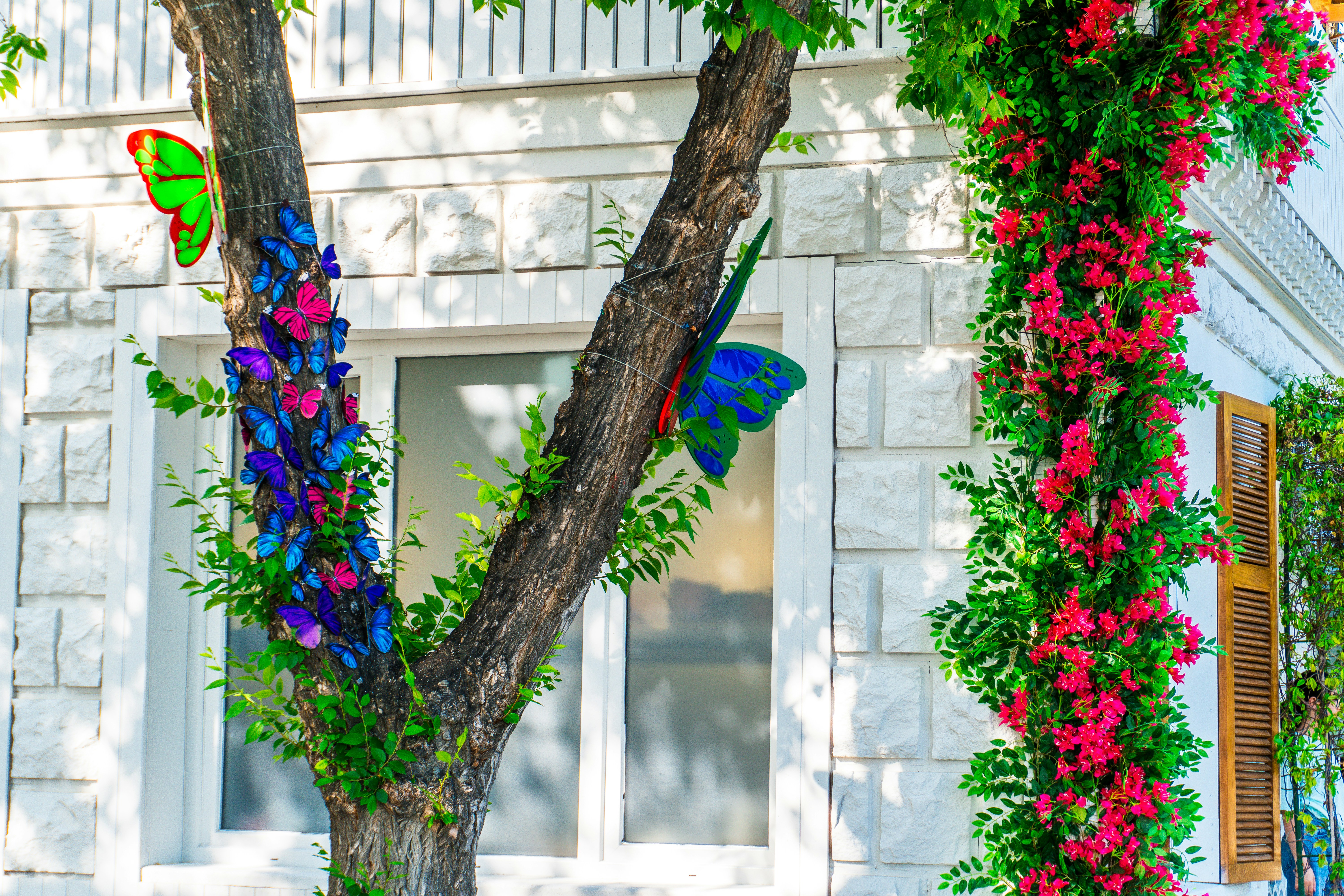 Vibrant butterflies adorn a tree trunk, surrounded by lush foliage and blooming flowers against a bright wall.