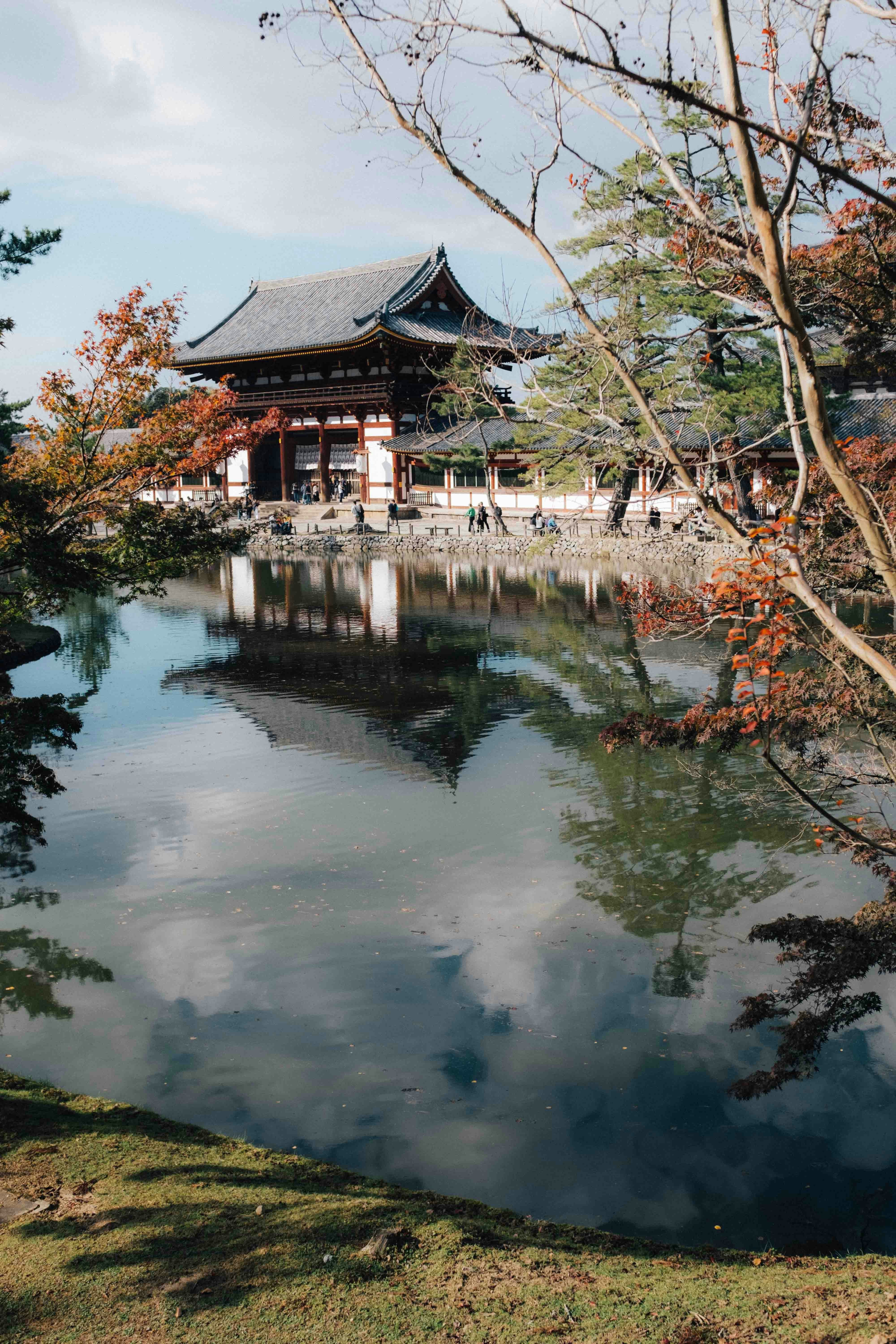 Traditional Japanese architecture reflected in a calm pond, surrounded by autumn foliage and serene nature.