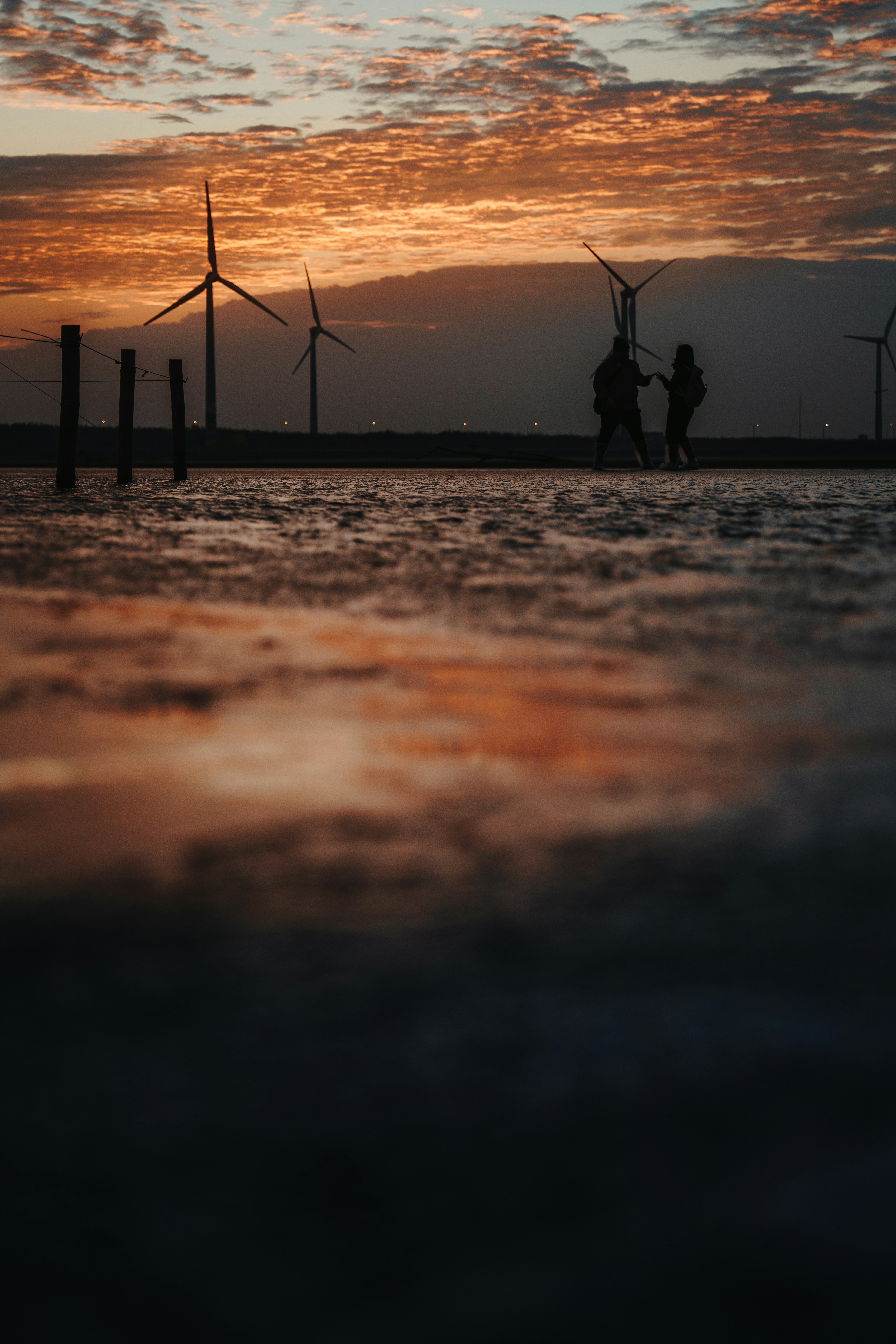 Silhouettes of people watch a sunset over wind turbines. photo – Free ...