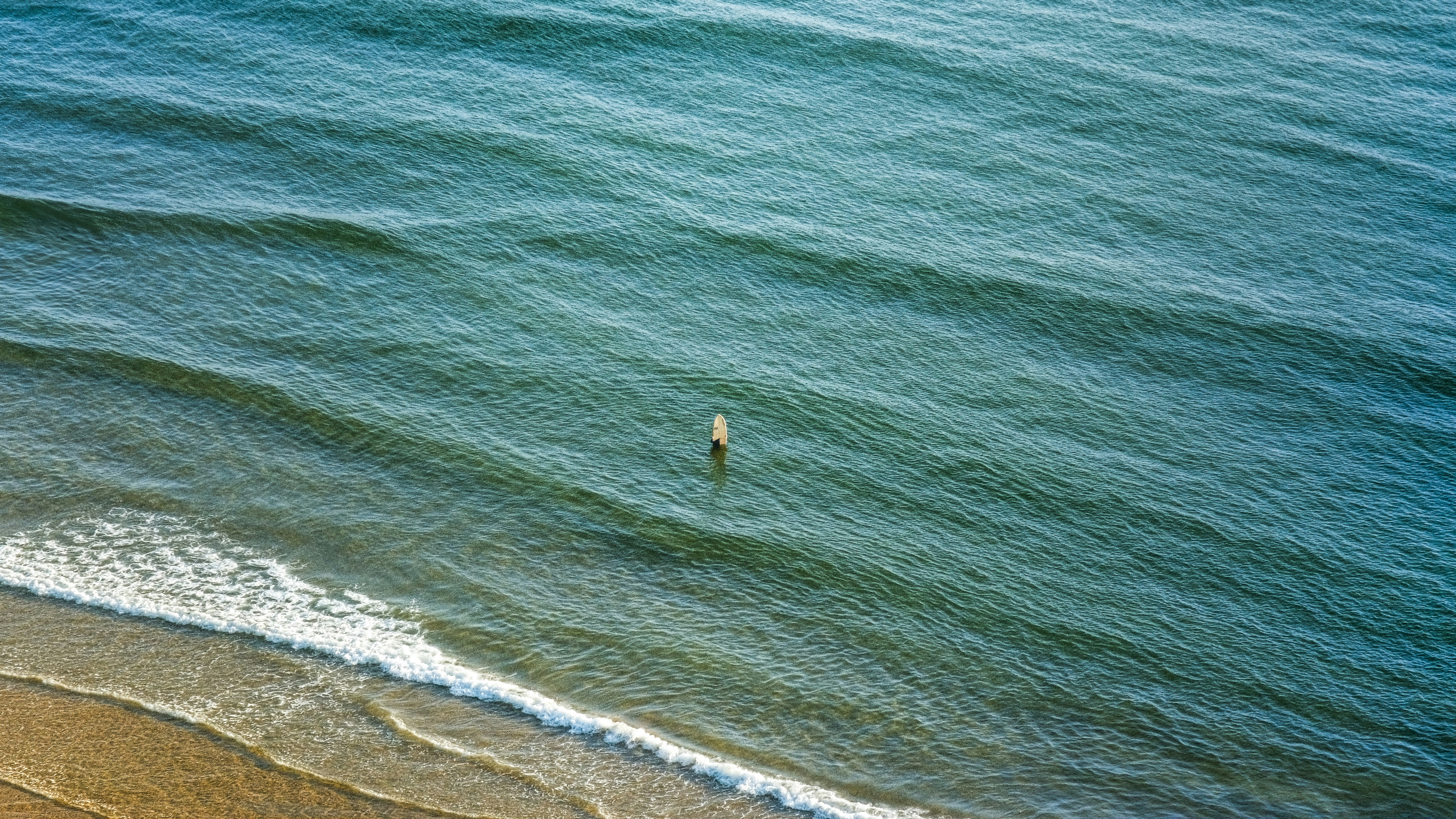 Solo Drift: A lone swimmer in turquoise ocean beyond a sandy shore