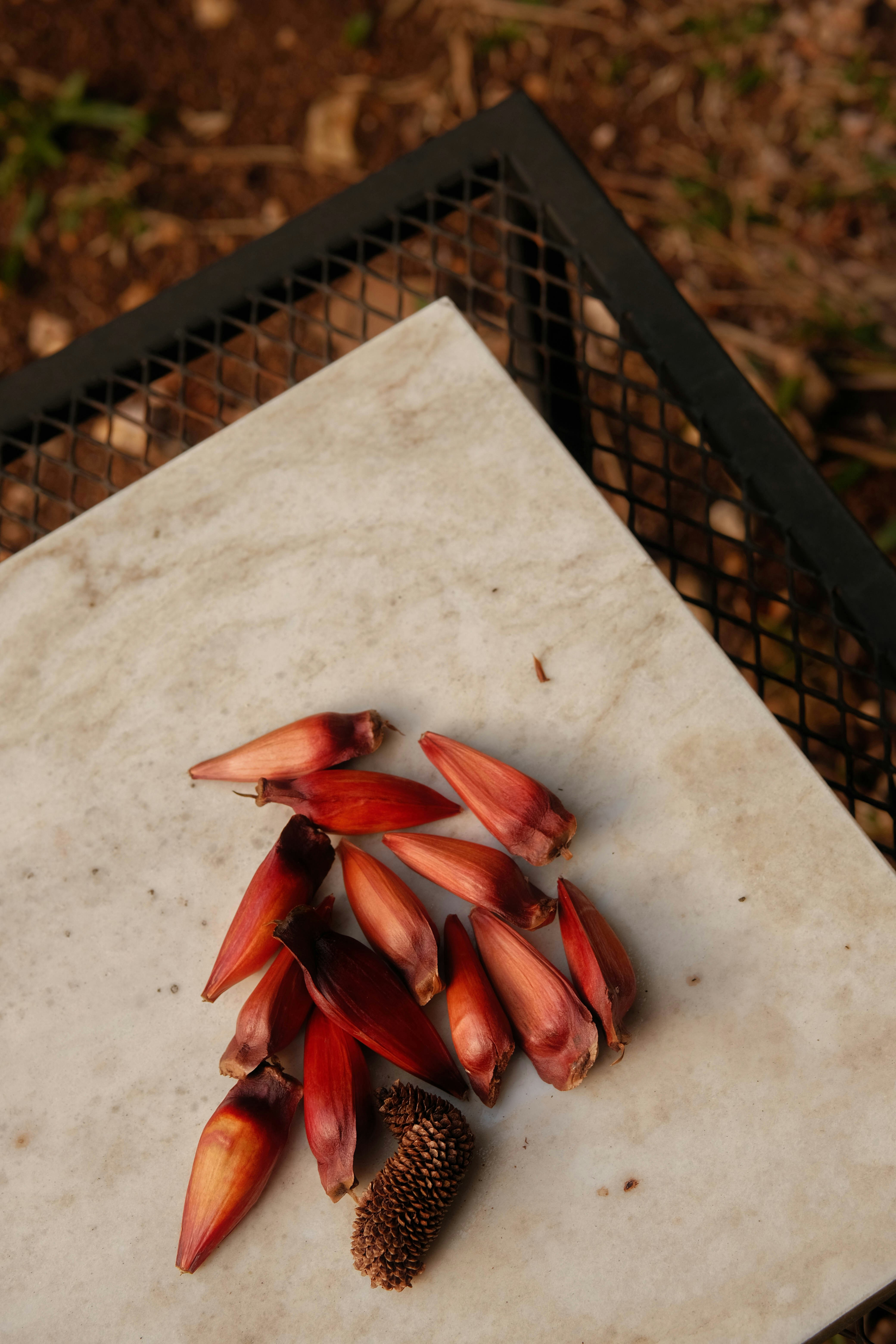 Pine nuts rest on a marble surface.