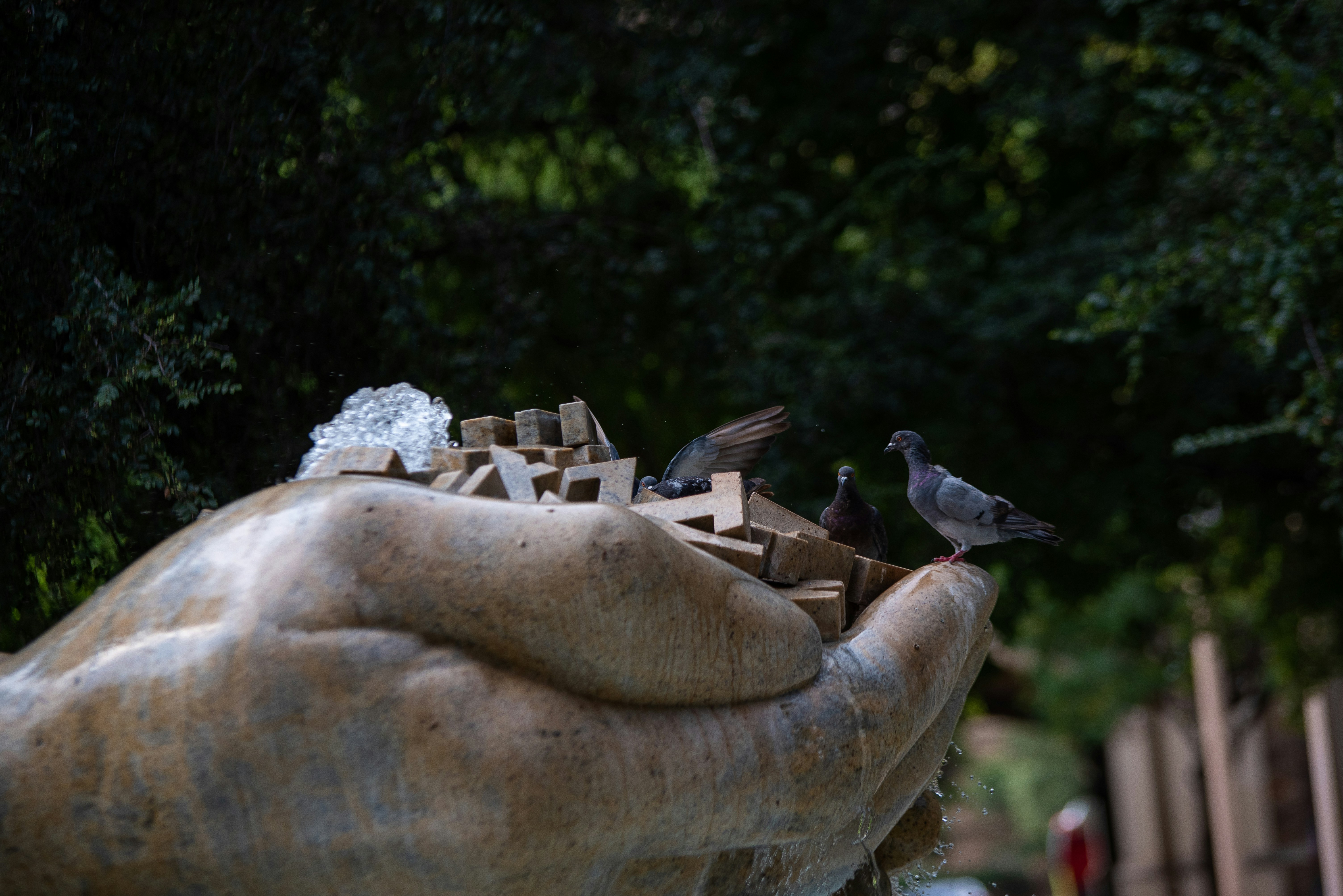 Perched on a Giant Glove: Pigeons Observe a Heap of Wood and Crystals