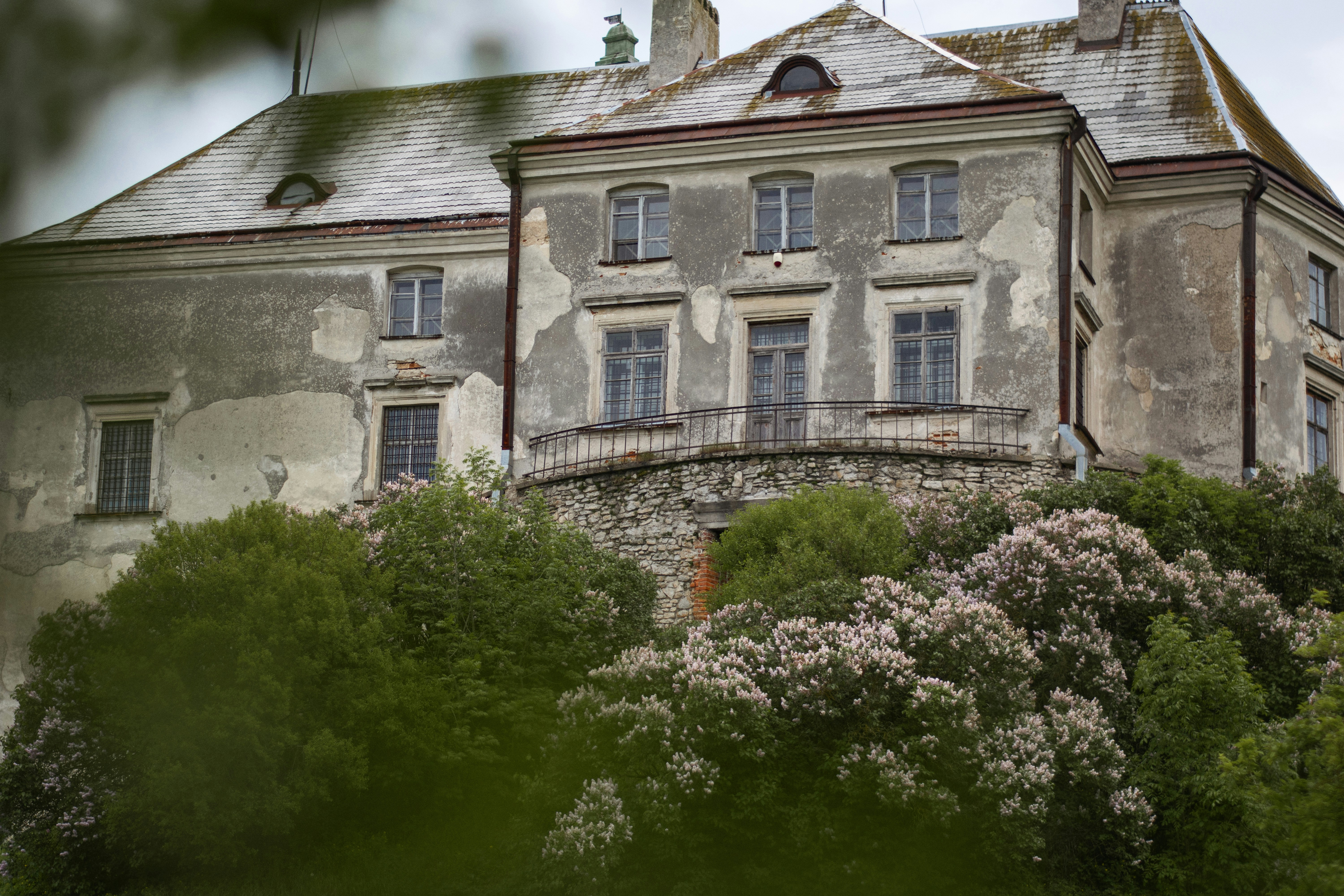 Weathered castle facade surrounded by lush greenery and blooming lilacs, hinting at a forgotten era.