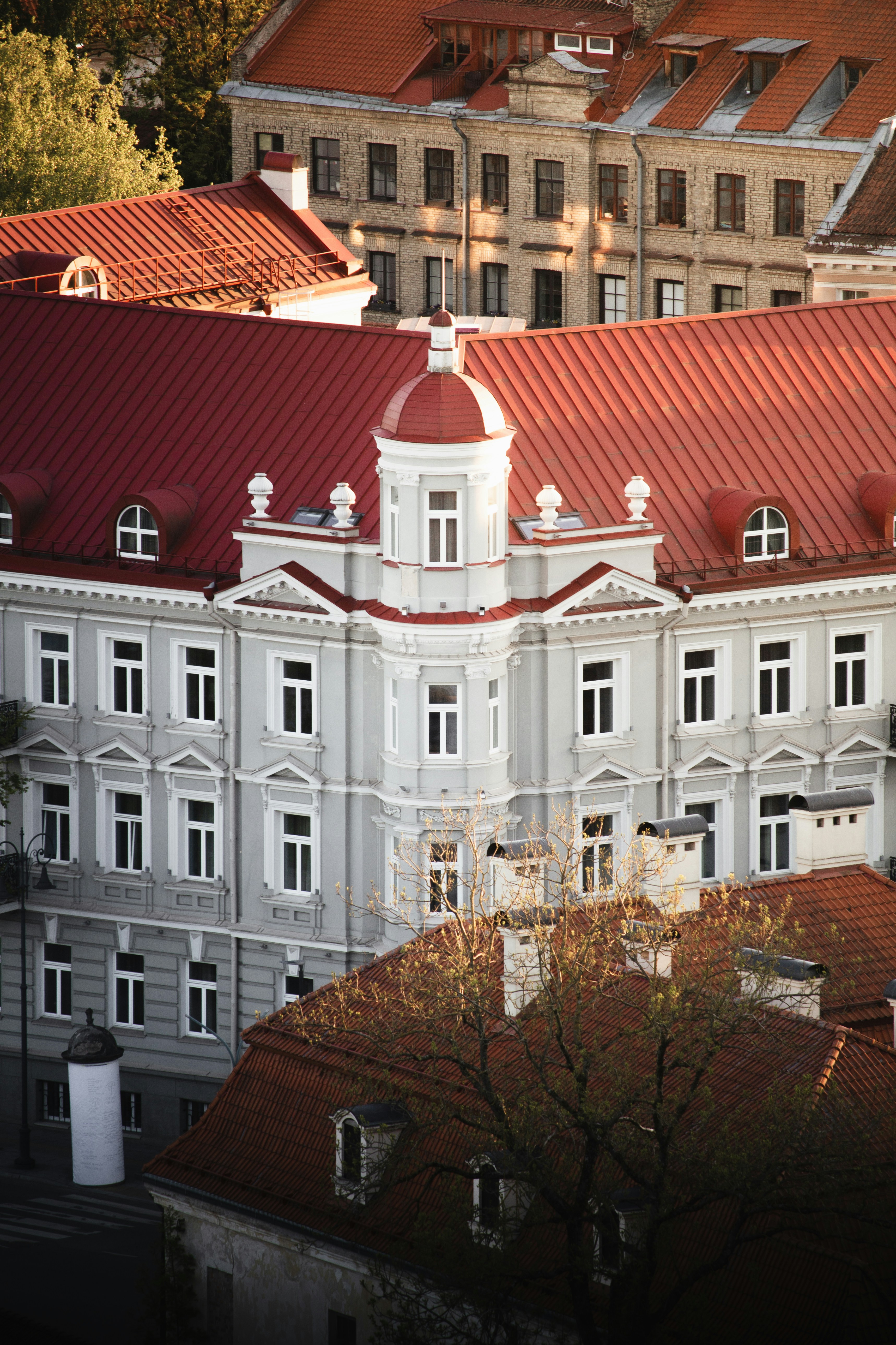 Elegant white building with intricate detailing juxtaposed against red rooftops in an urban setting.