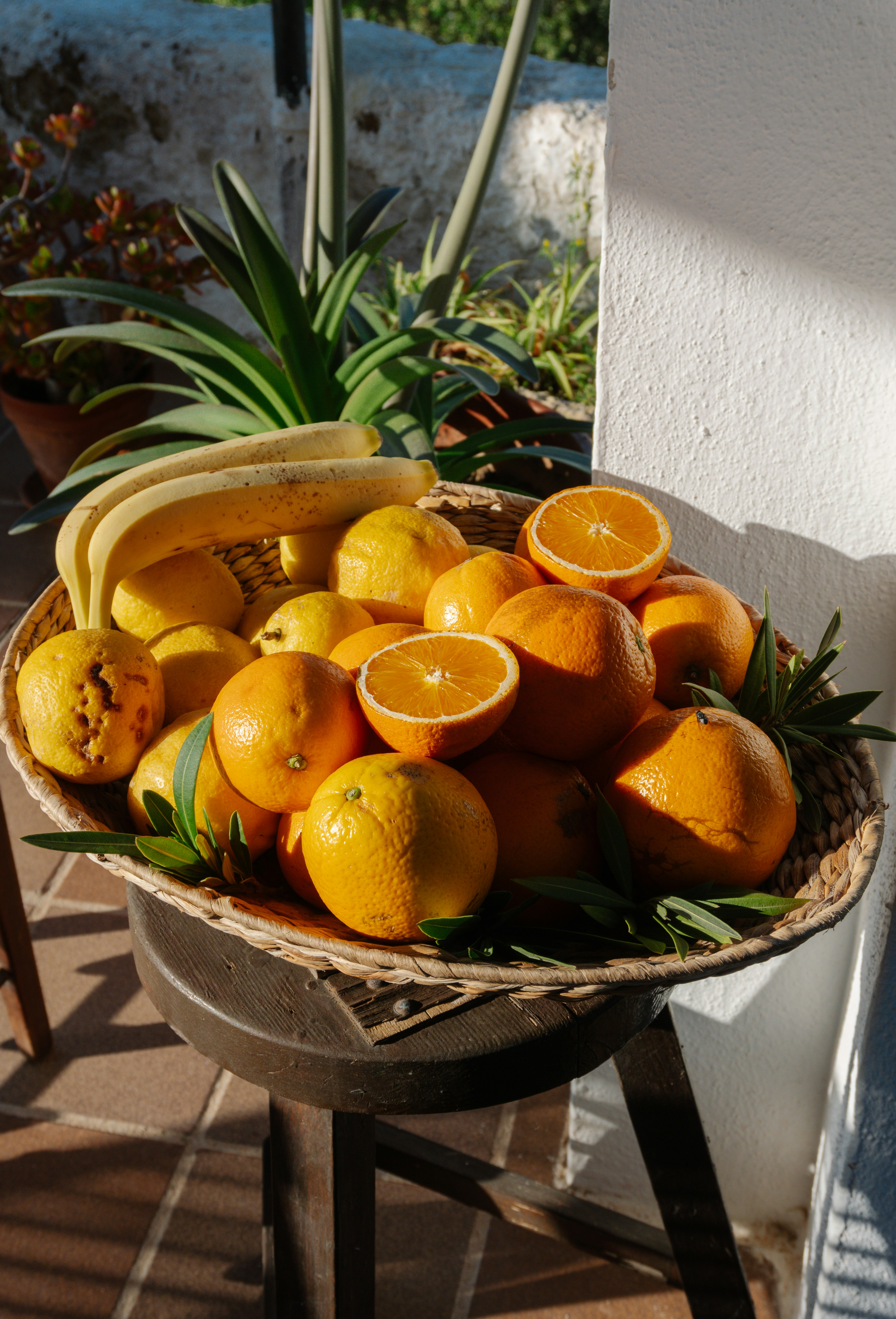 A basket of oranges and lemons sits outside.