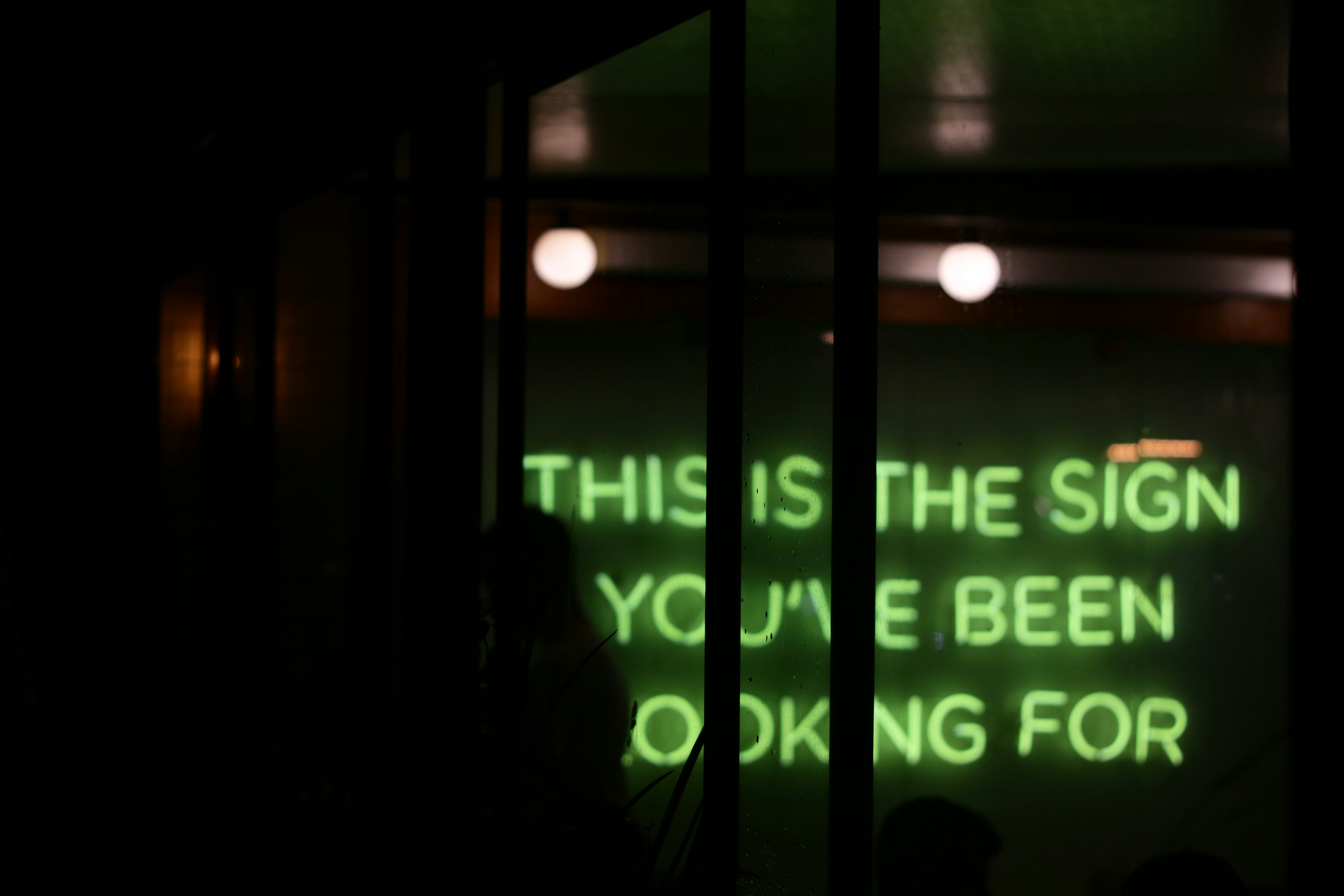 A neon sign shines through a dark window.