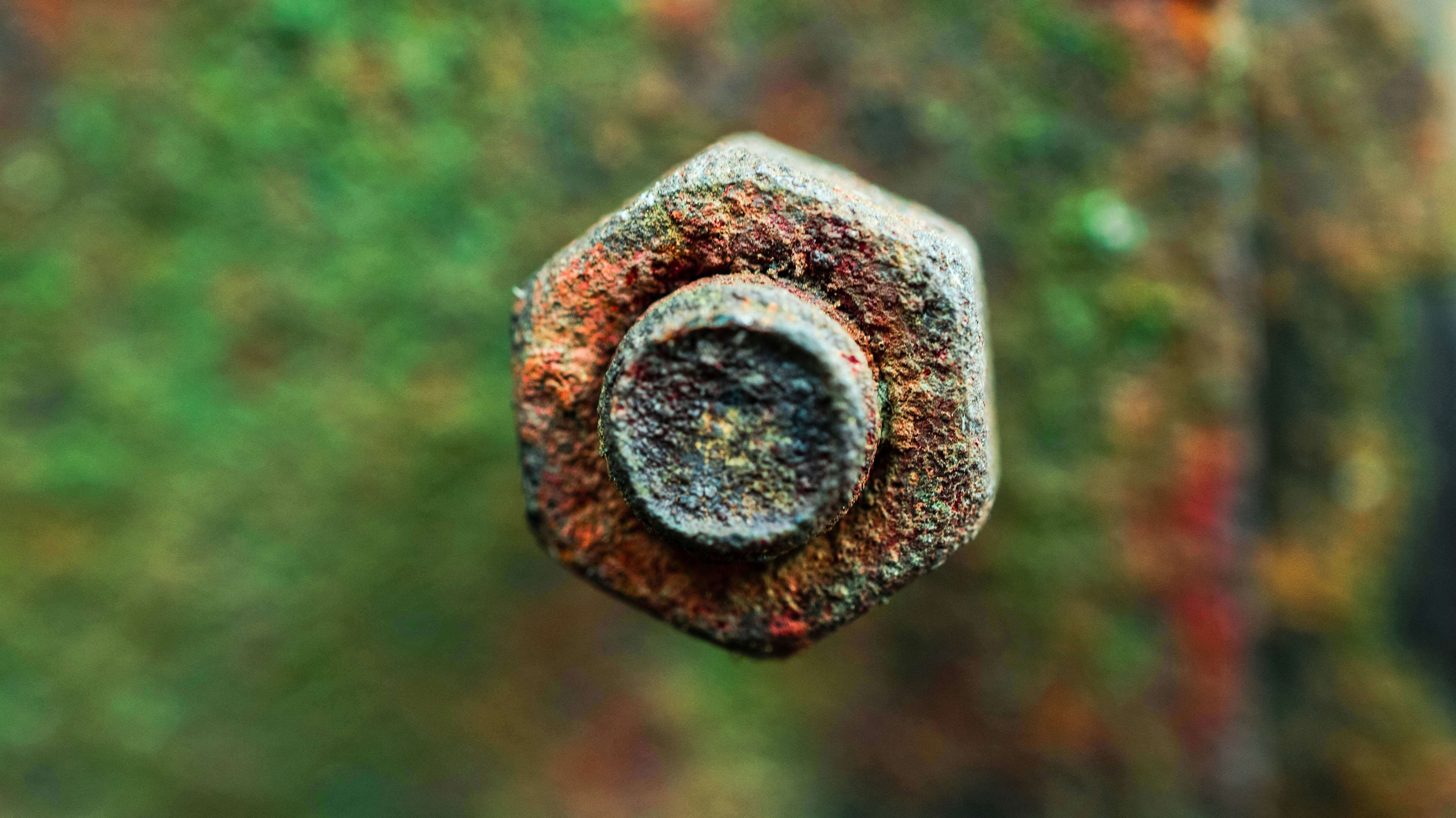 Timeworn Hex: macro close-up of a rusted bolt against mossy greens